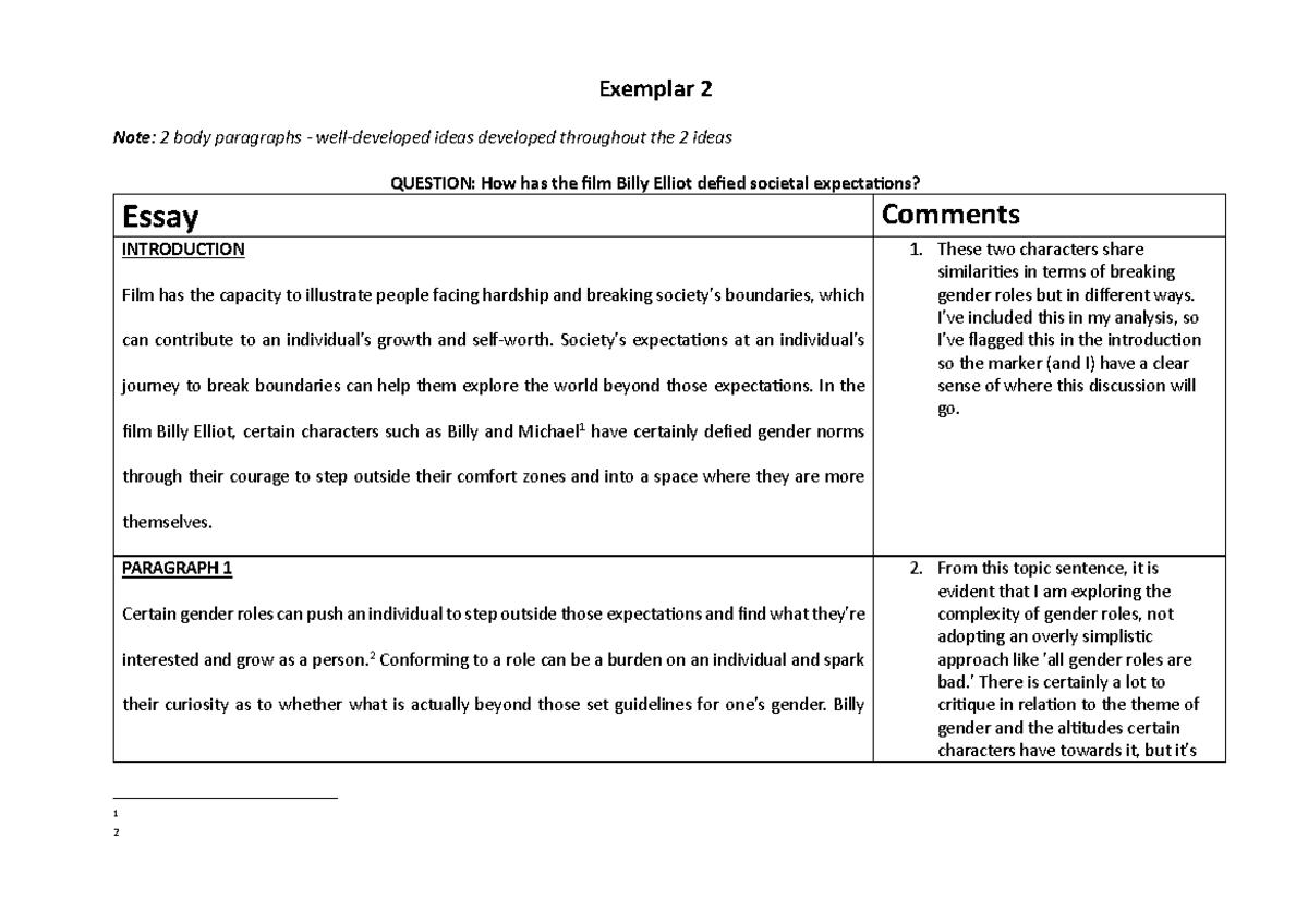 Exemplar 2 - Billy Elliot - Exemplar 2 Note: 2 body paragraphs - well ...