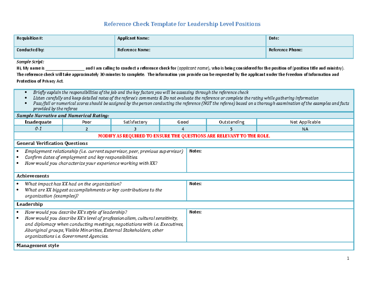 Reference check template leadership - Reference Check Template for ...