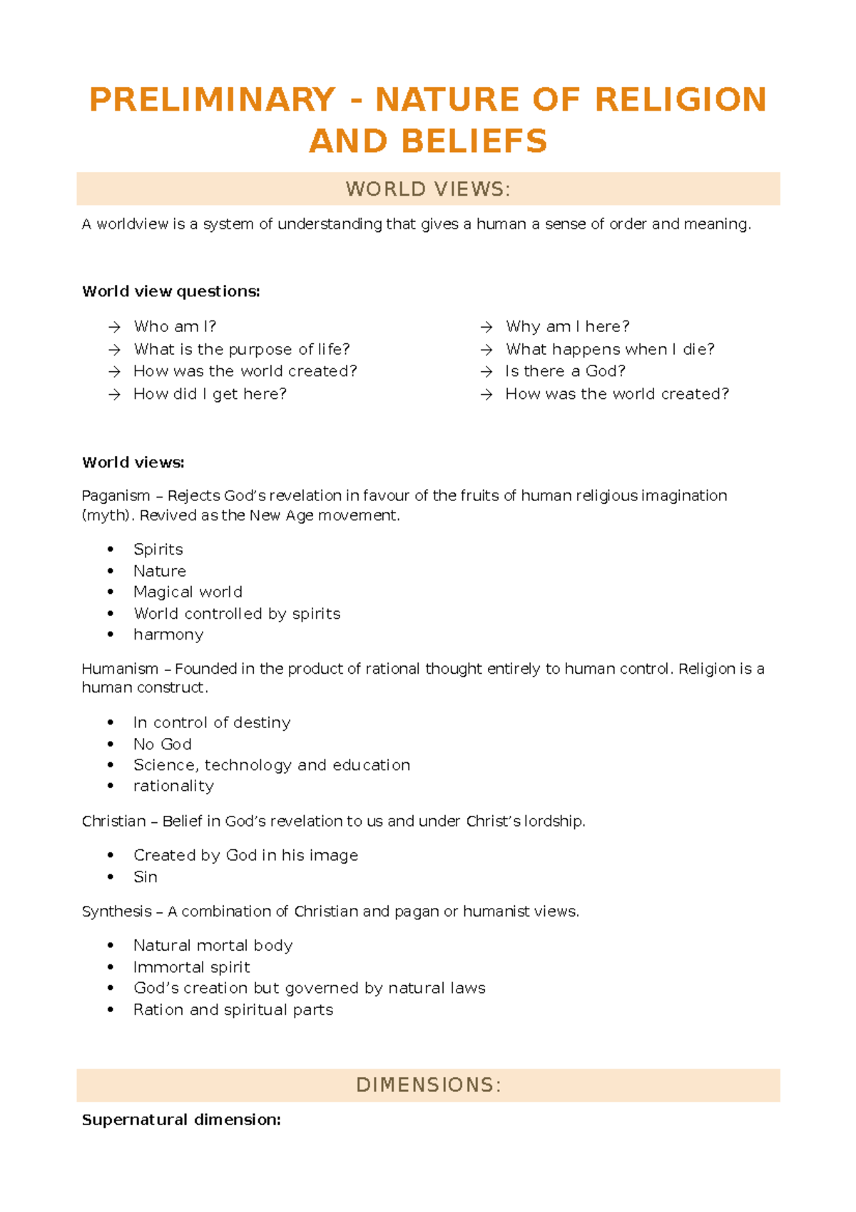 Preliminary SOR Notes - PRELIMINARY - NATURE OF RELIGION AND BELIEFS ...