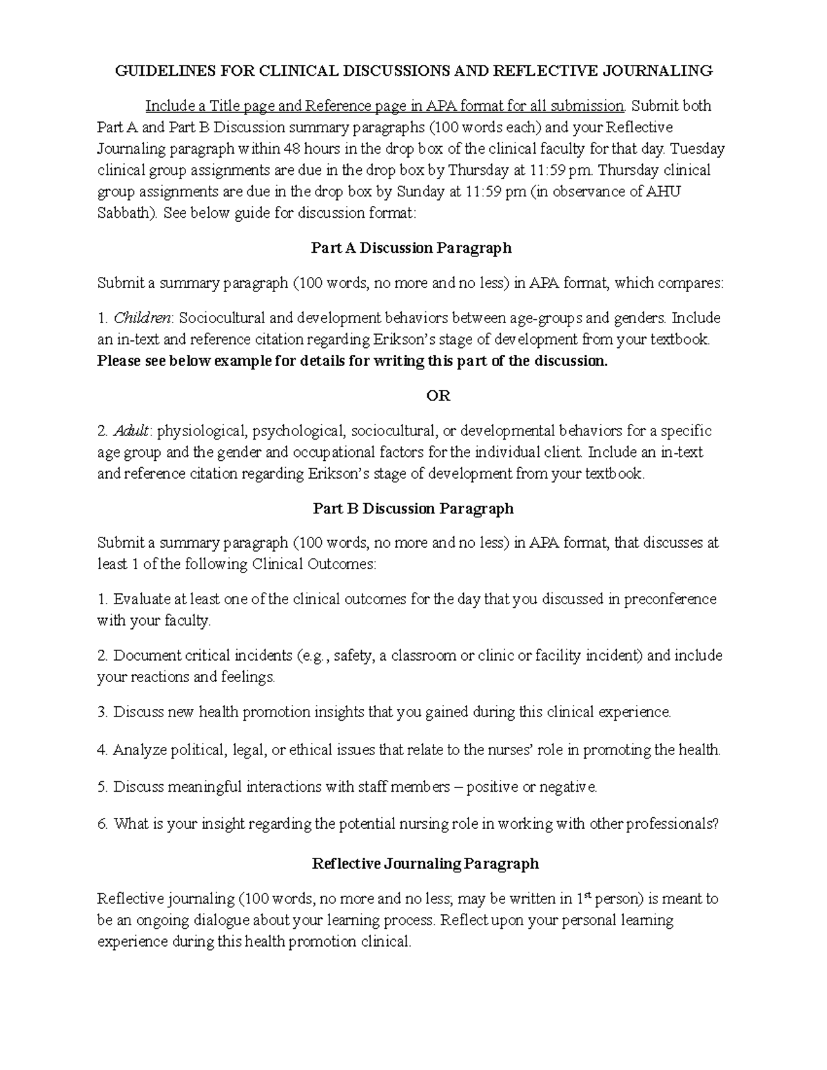 Guidelines FOR Clinical Discussions AND Reflective Journaling (no 8th ...