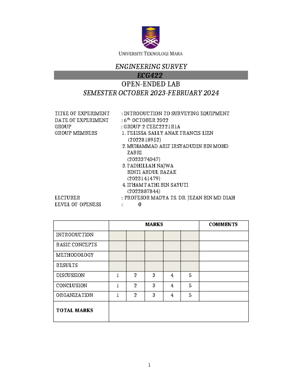 LAB 0 Introduction TO Surveying Equipment - ENGINEERING SURVEY ECG OPEN-ENDED LAB SEMESTER ...
