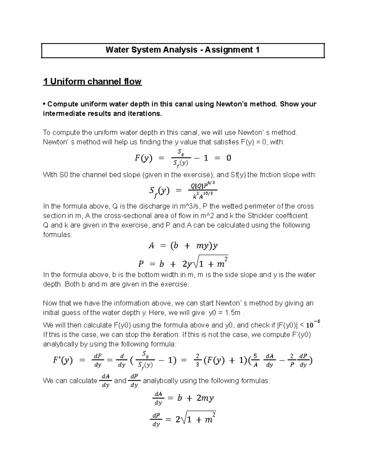 Assignment 1 - Water System Analysis - Water System Analysis - Assignment 1 1 Uniform channel ...