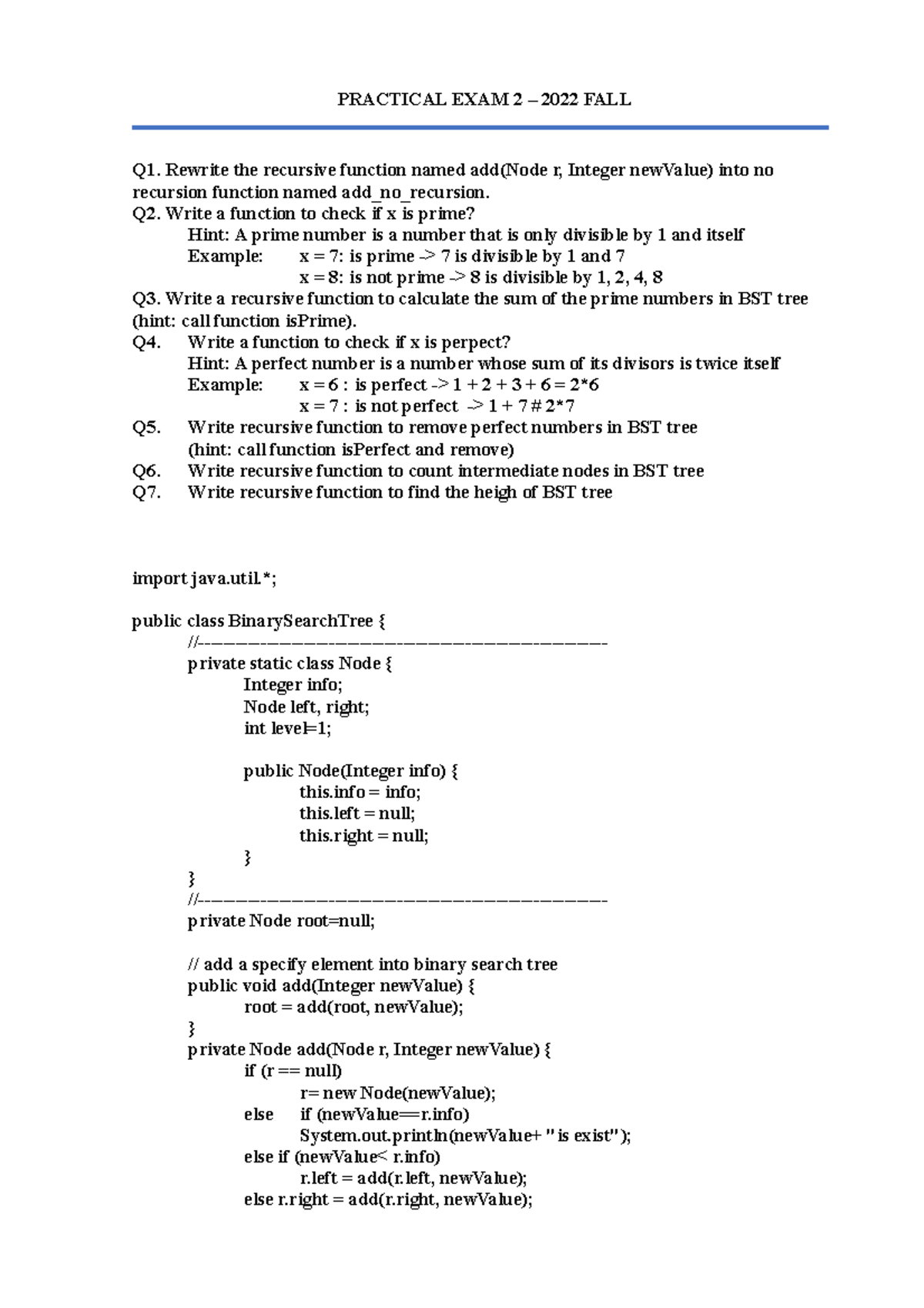 PE2-1 - ... - PRACTICAL EXAM 2 – 2022 FALL Q1. Rewrite the recursive ...