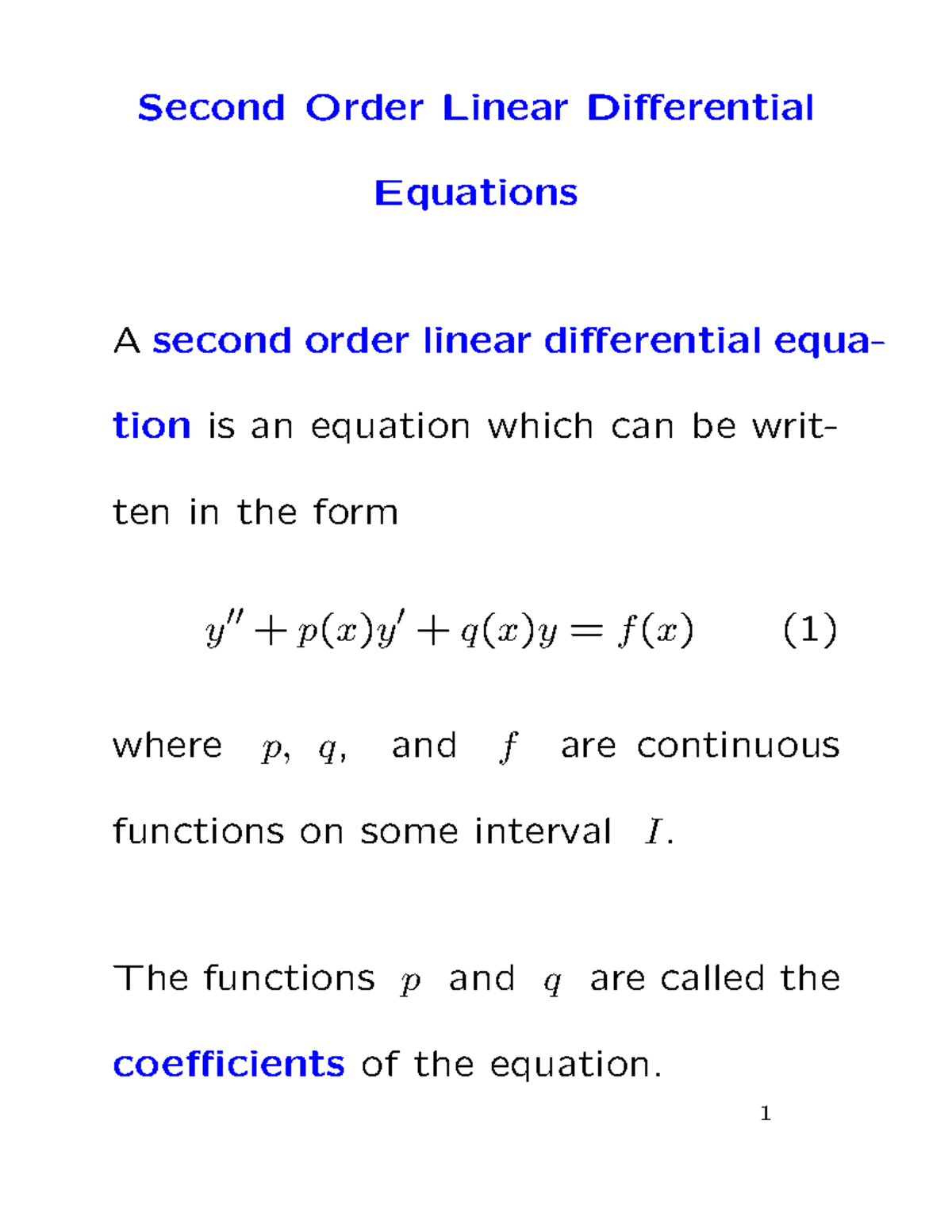 3321-Ch3-slides - Lecture notes 1 - Second Order Linear Differential ...
