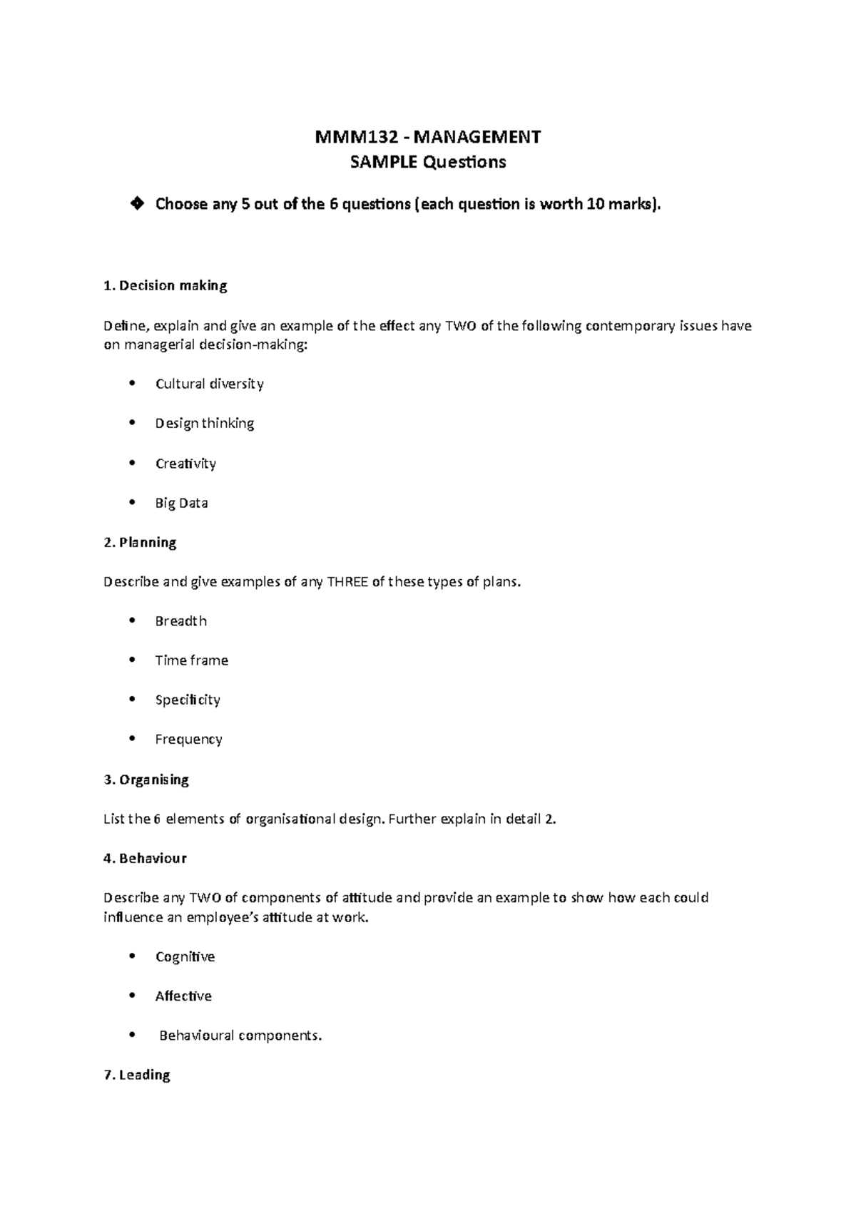 MMM132-Practise Exam - MMM132 - MANAGEMENT SAMPLE Questions Choose any ...
