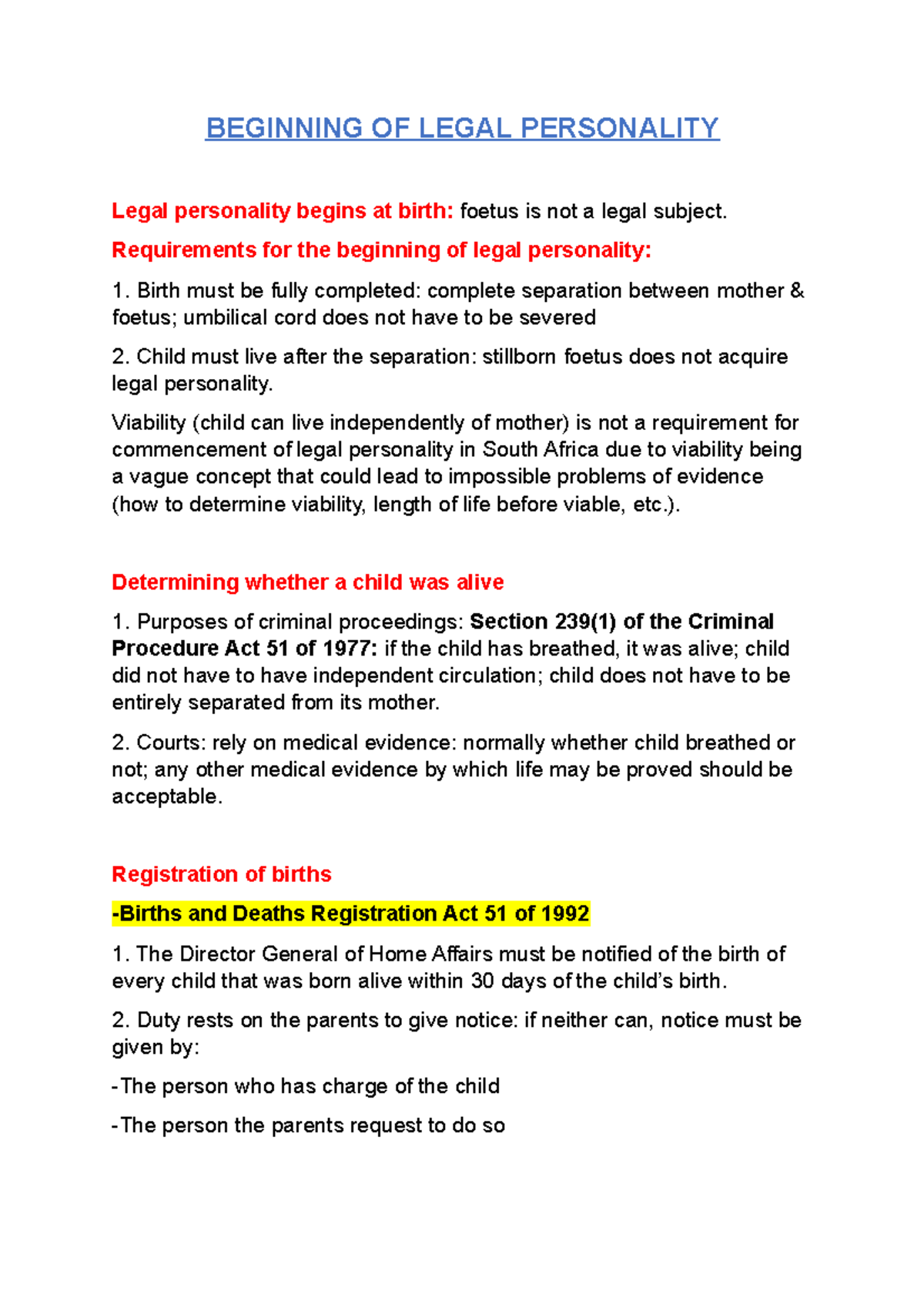 LAW OF Persons - Legal Personality - BEGINNING OF LEGAL PERSONALITY ...