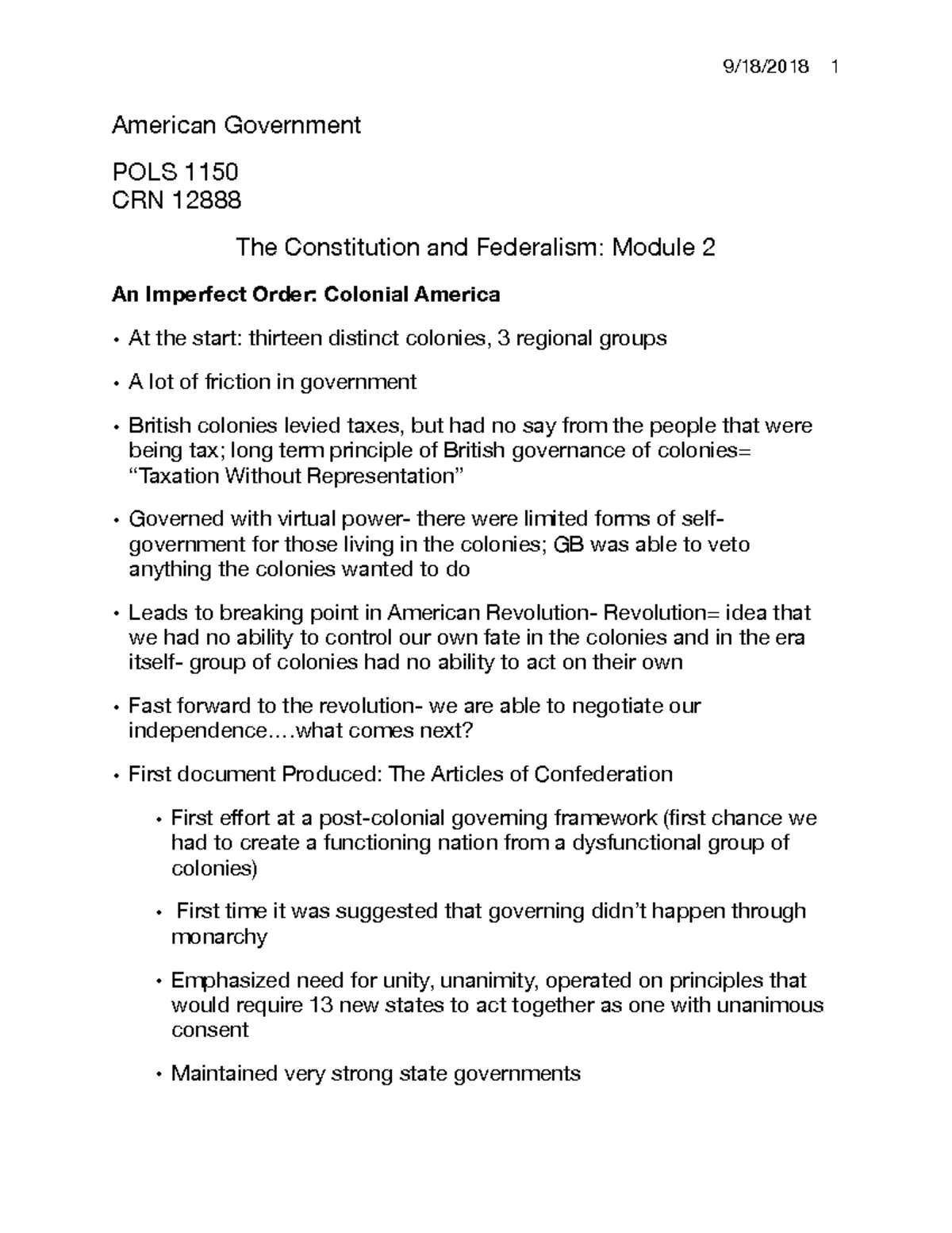 9:18 Class Notes - American Government POLS 1150 CRN 12888 The ...