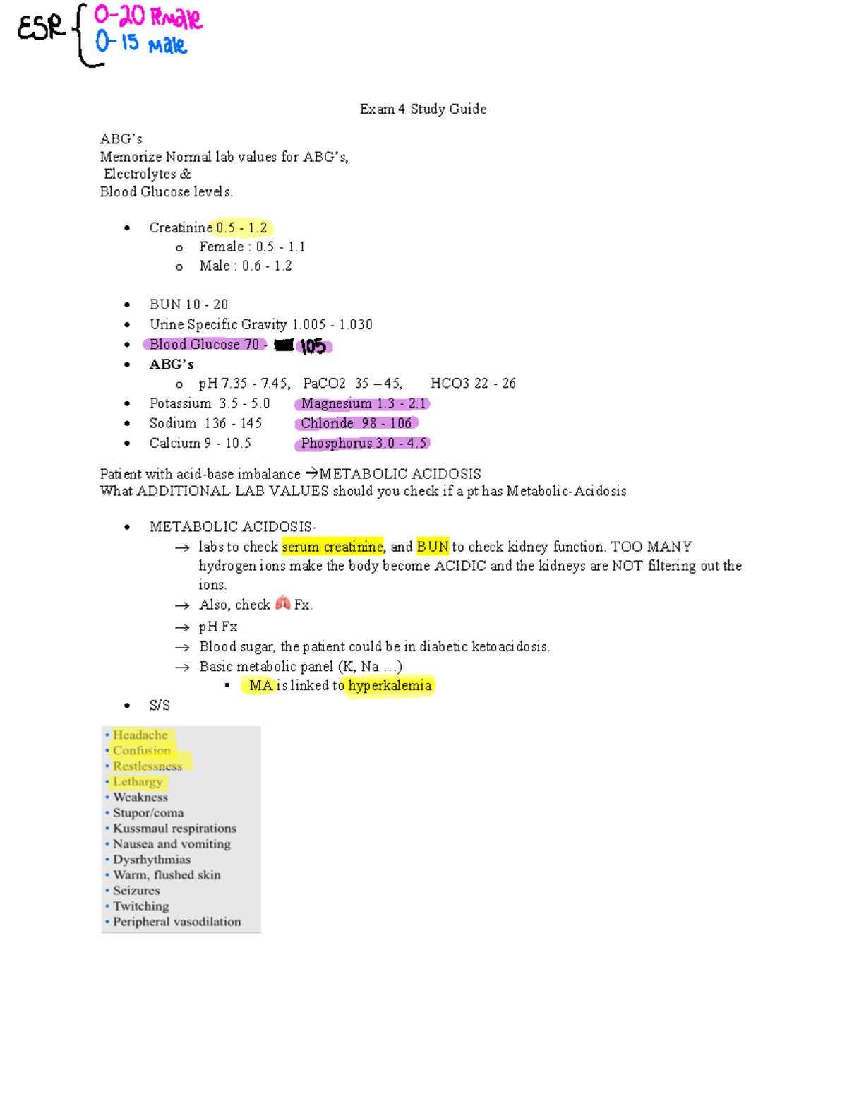 Med surg Exam 4 SG - study guide - Exam 4 Study Guide ABG’s Memorize ...