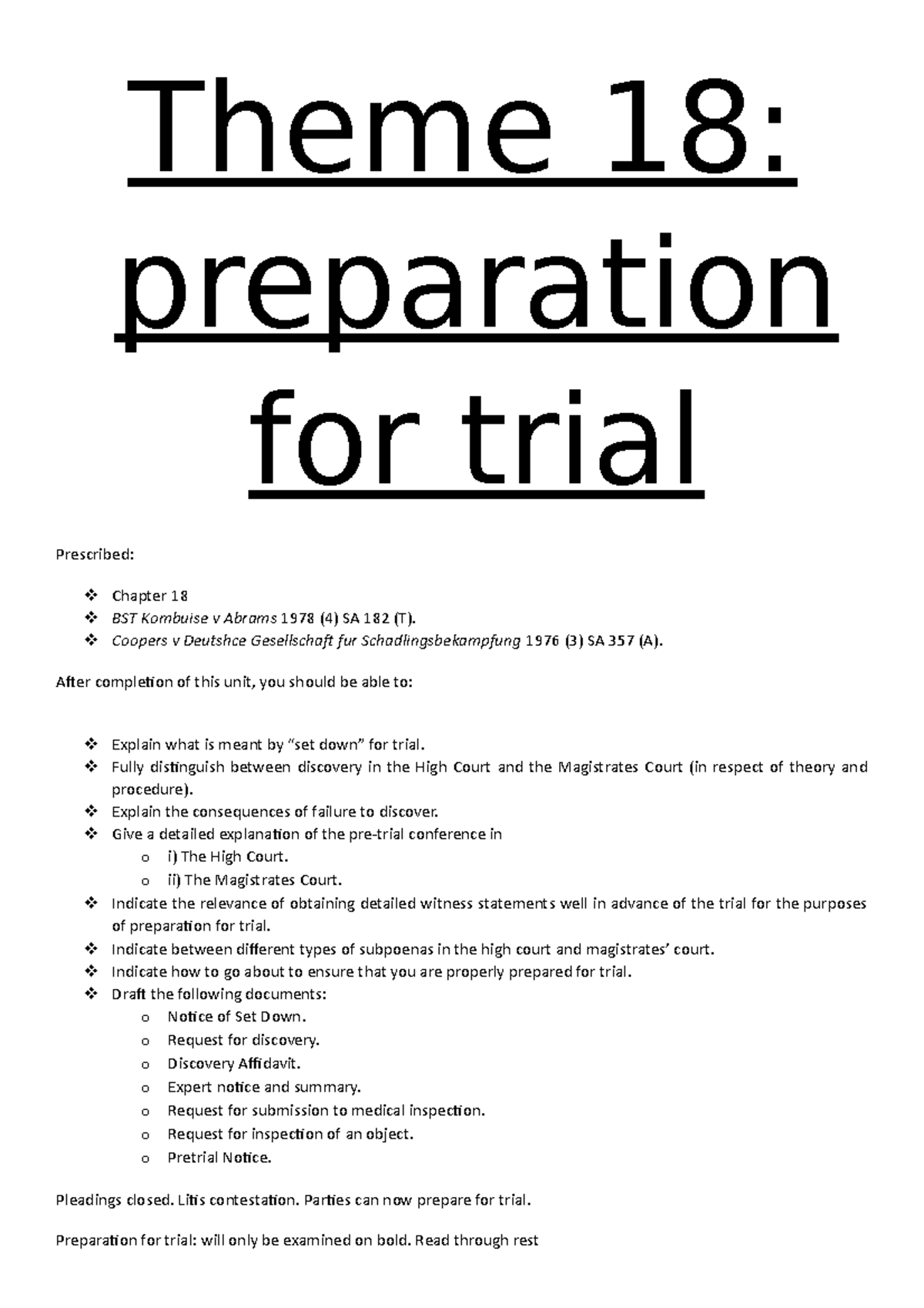 18. Preparation for trial - Theme 18: preparation for trial Prescribed: Chapter 18 BST Kombuise ...