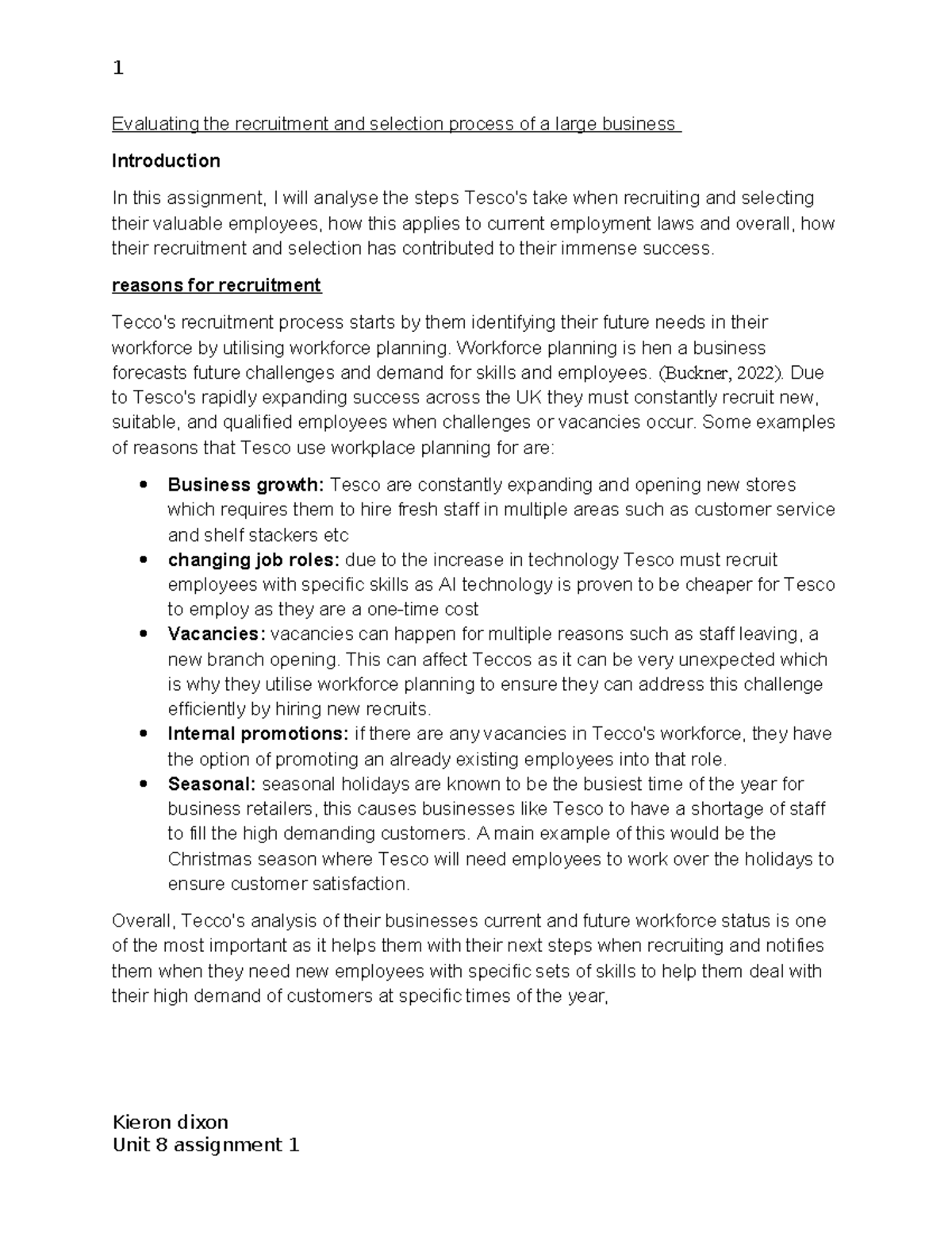 Unit 8 assignment 1 - Evaluating the recruitment and selection process ...