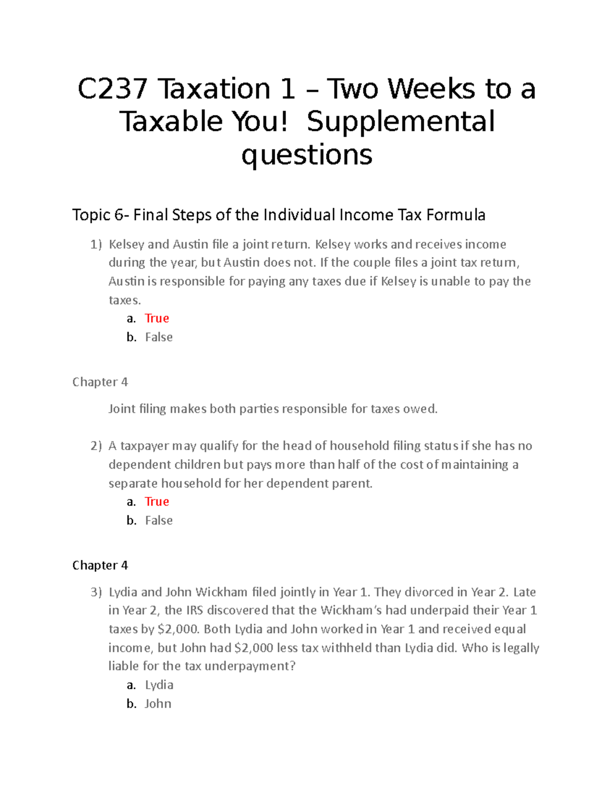 Taxation 1 Supplemental Questions: Final Steps of the Individual Income ...
