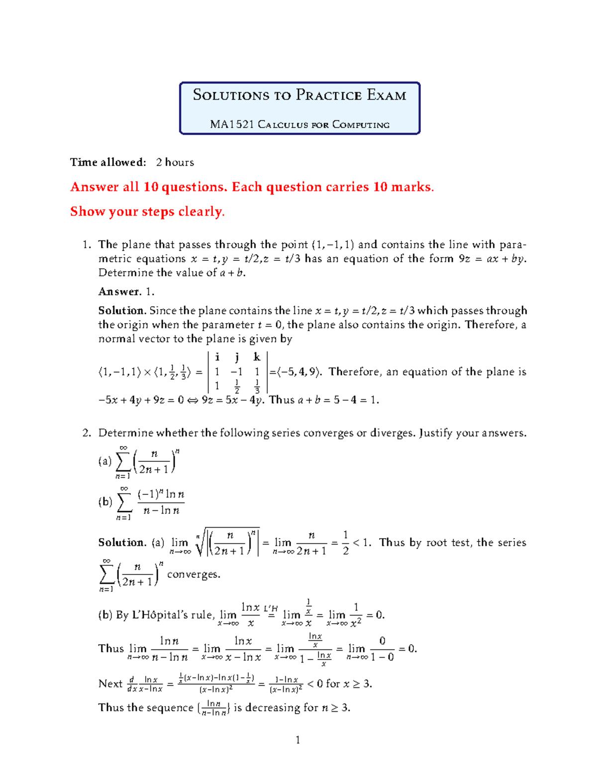 Solutions to Practice Exam - Answer and Steps - Solutions to Practice ...