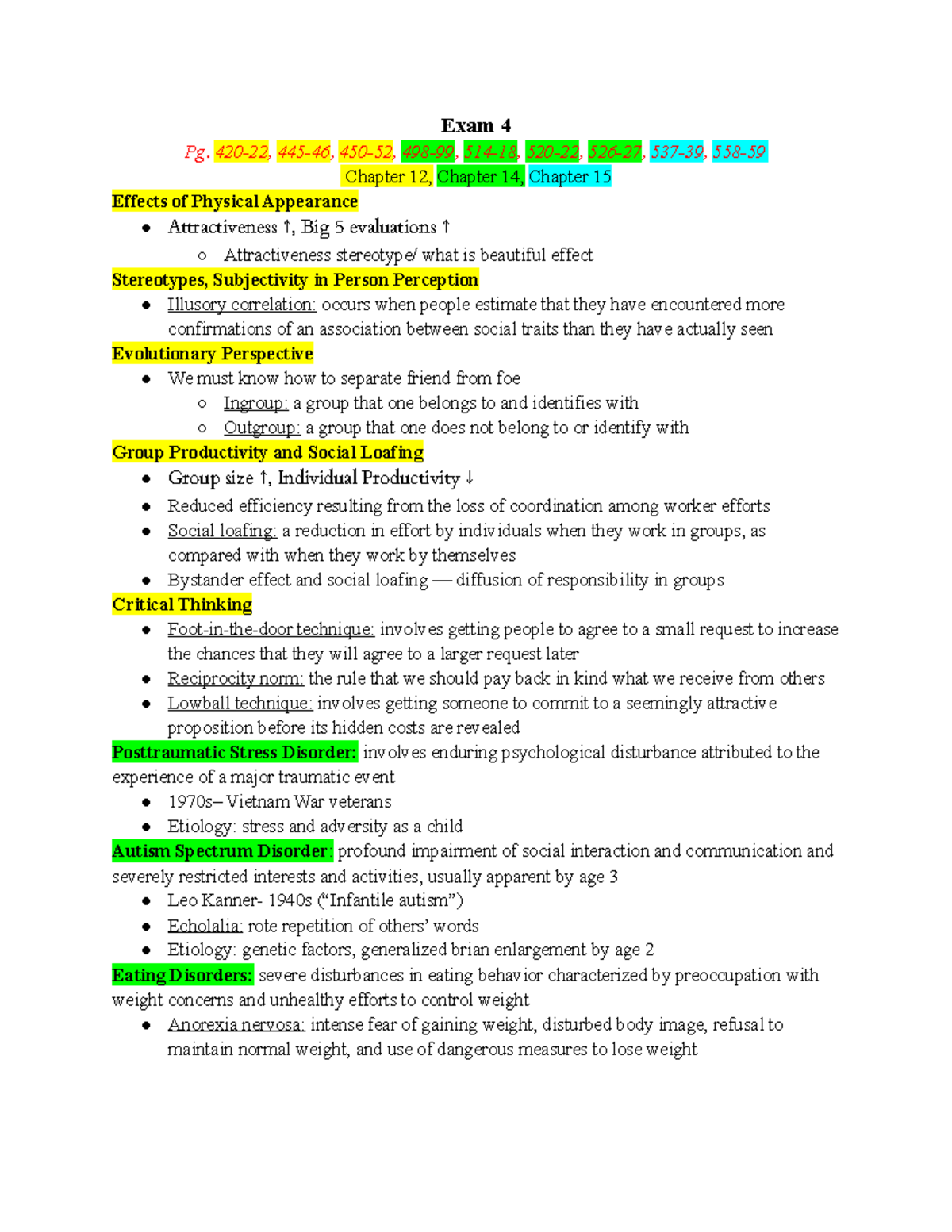 Psych Reading Notes - Exam 4 Pg. 420-22, 445-46, 450-52, 498-99, 514-18 ...