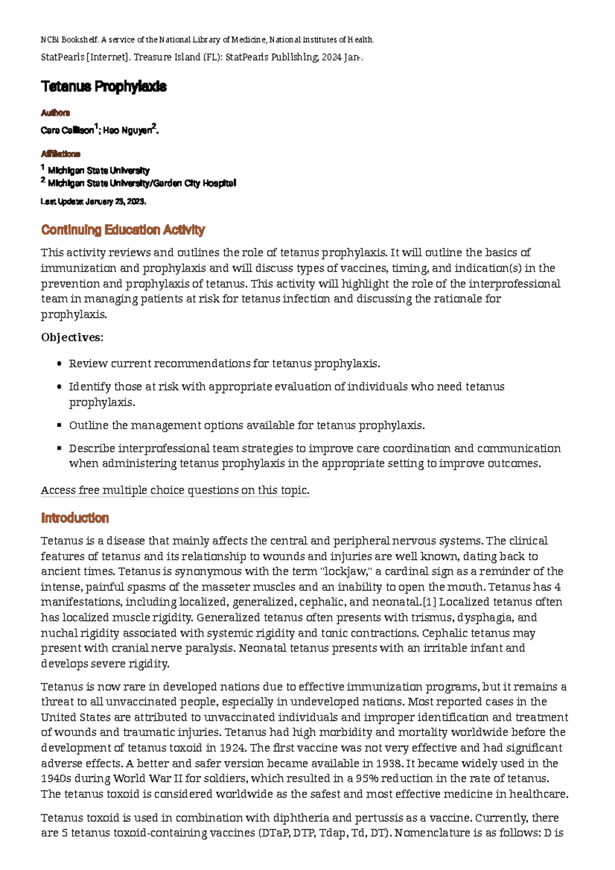Tetanus Prophylaxis - Stat Pearls - NCBI Bookshelf - NCBI Bookshelf. A ...