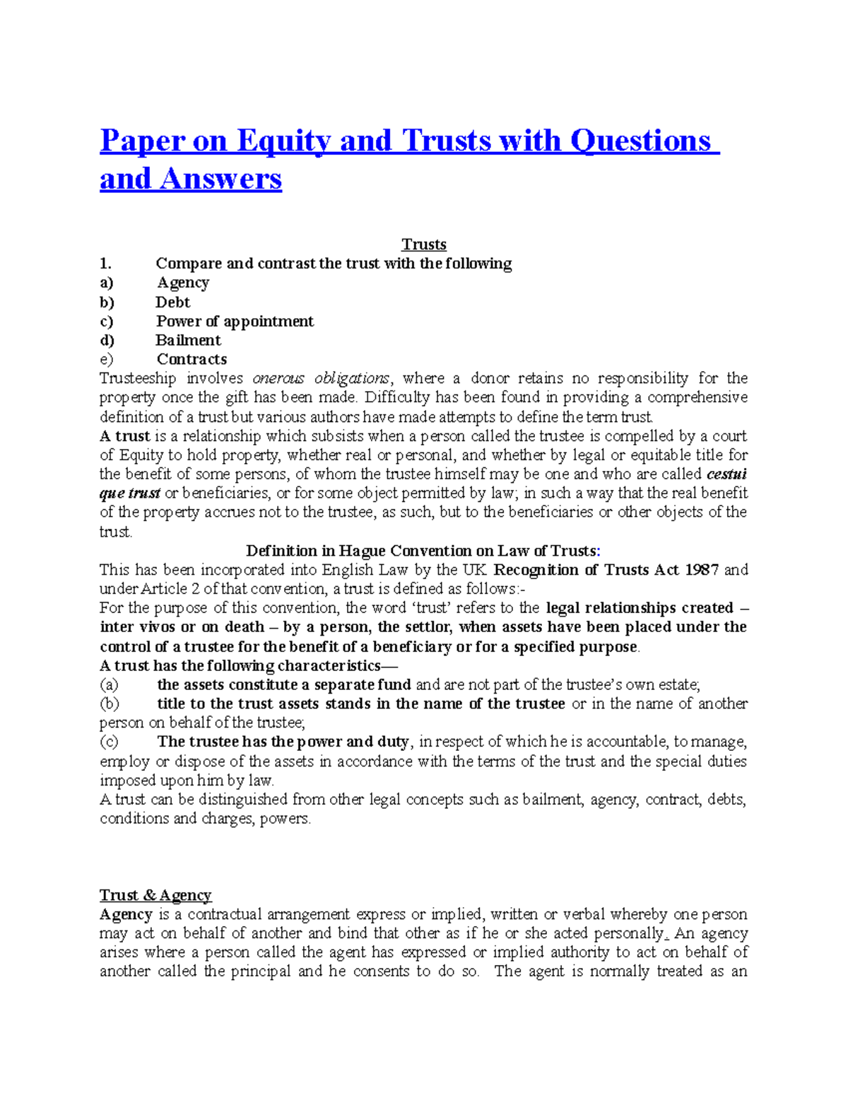 Equity and Trusts with Questions and Answers - Paper on Equity and ...