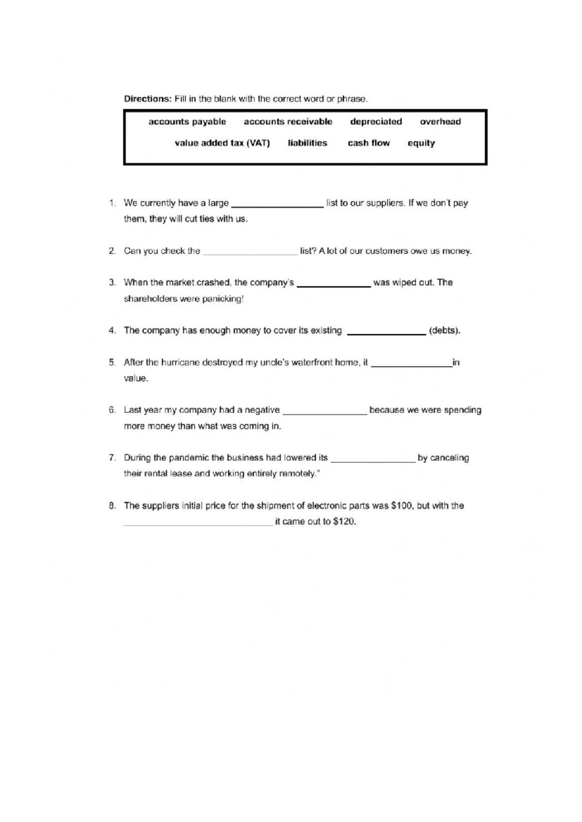Accounting Vocabulary - Directions: Fill in the blank with the correct ...