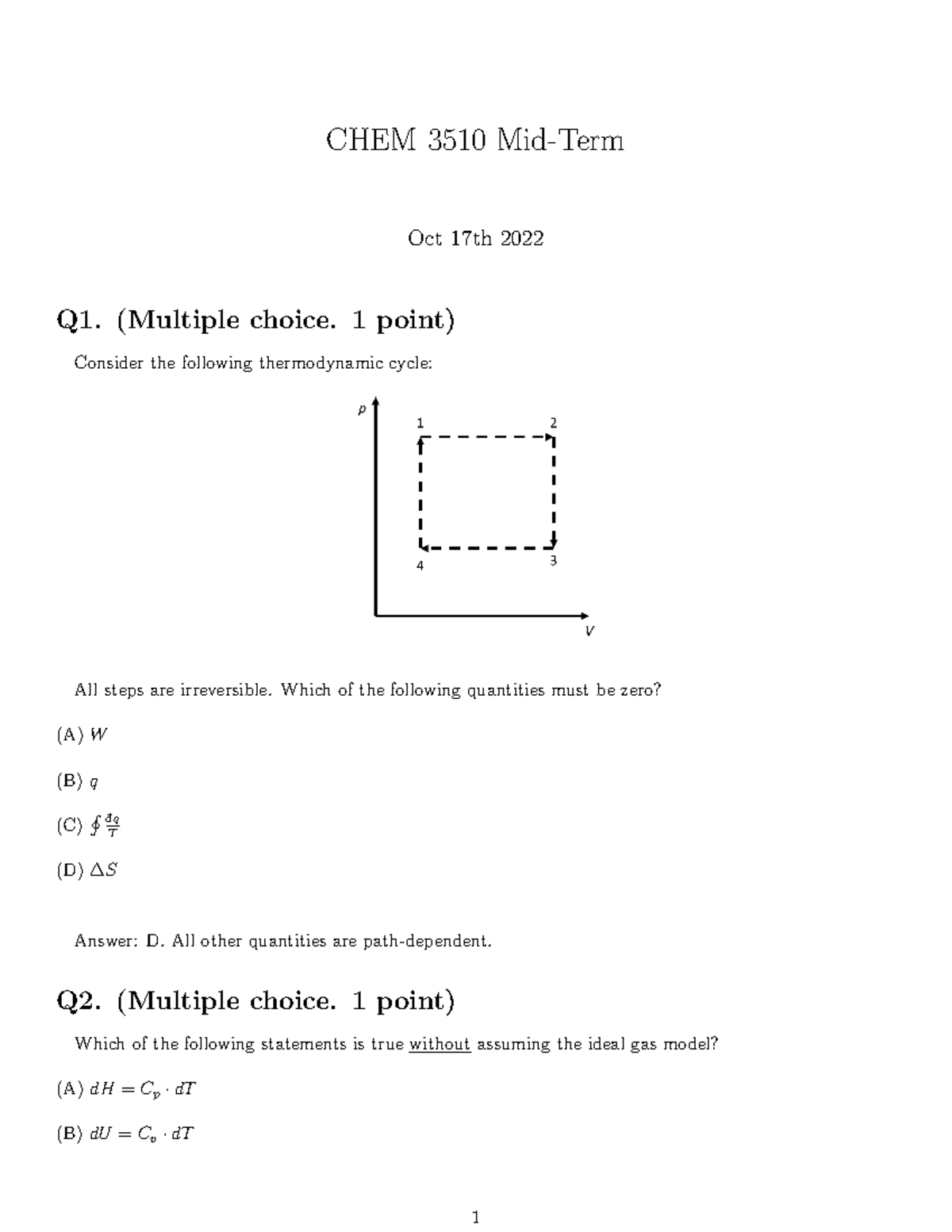 PChem 1 Midterm - CHEM 3510 Mid-Term Oct 17th 2022 Q1. (Multiple choice ...