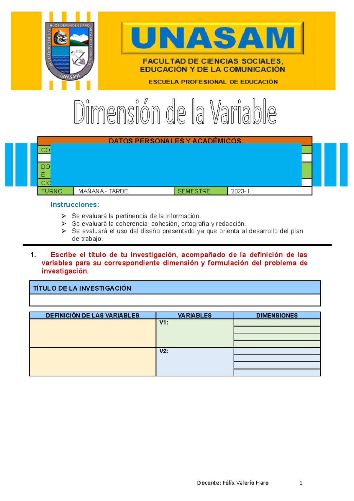 1- Ficha DE LA Dimensión DE LAS Variables - METODOLOGÍA DE LA INVESTIGACIÓN DATOS PERSONALES Y ...
