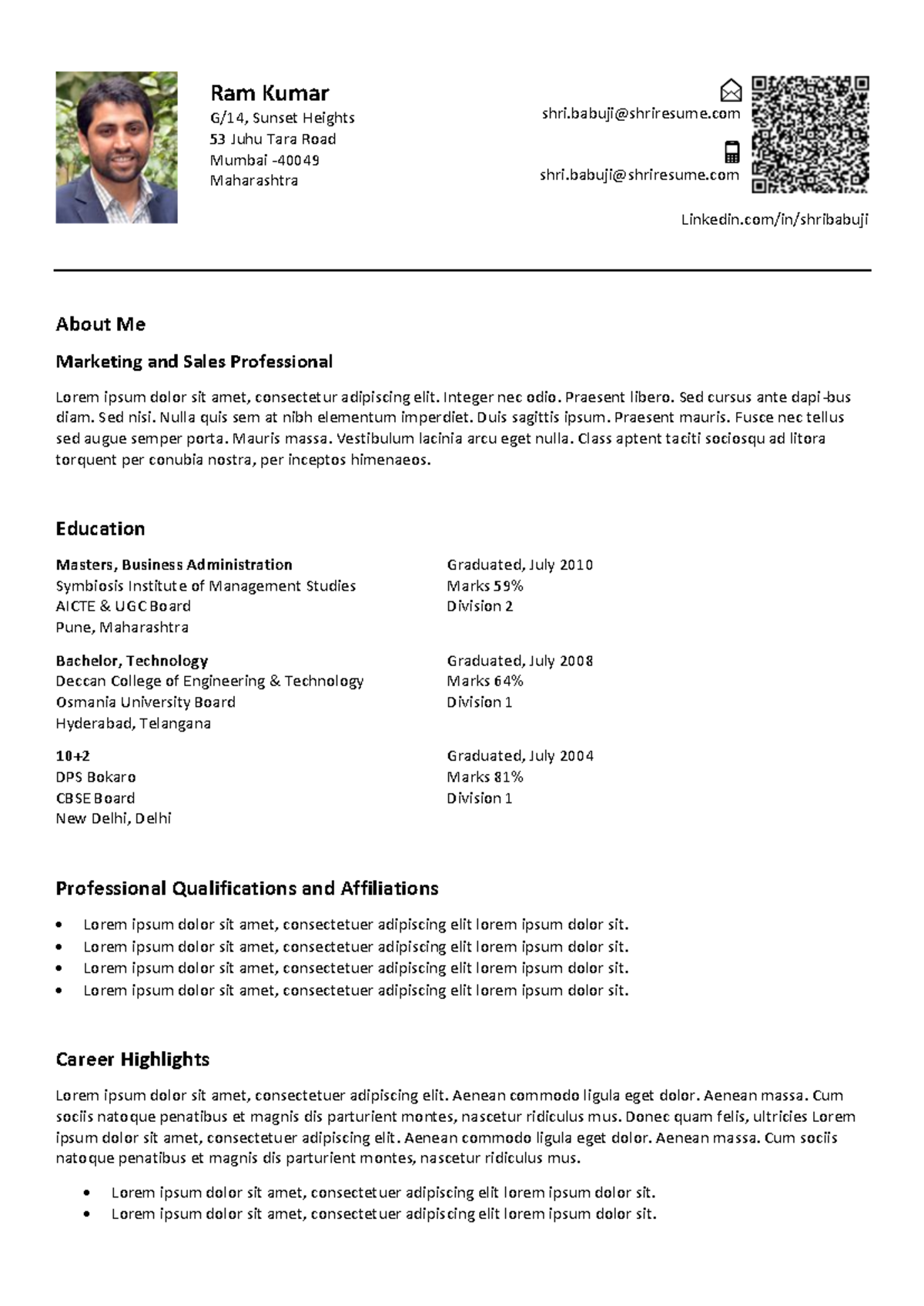 Sample-corporate-resume - Ram Kumar G/14, Sunset Heights 53 Juhu Tara ...