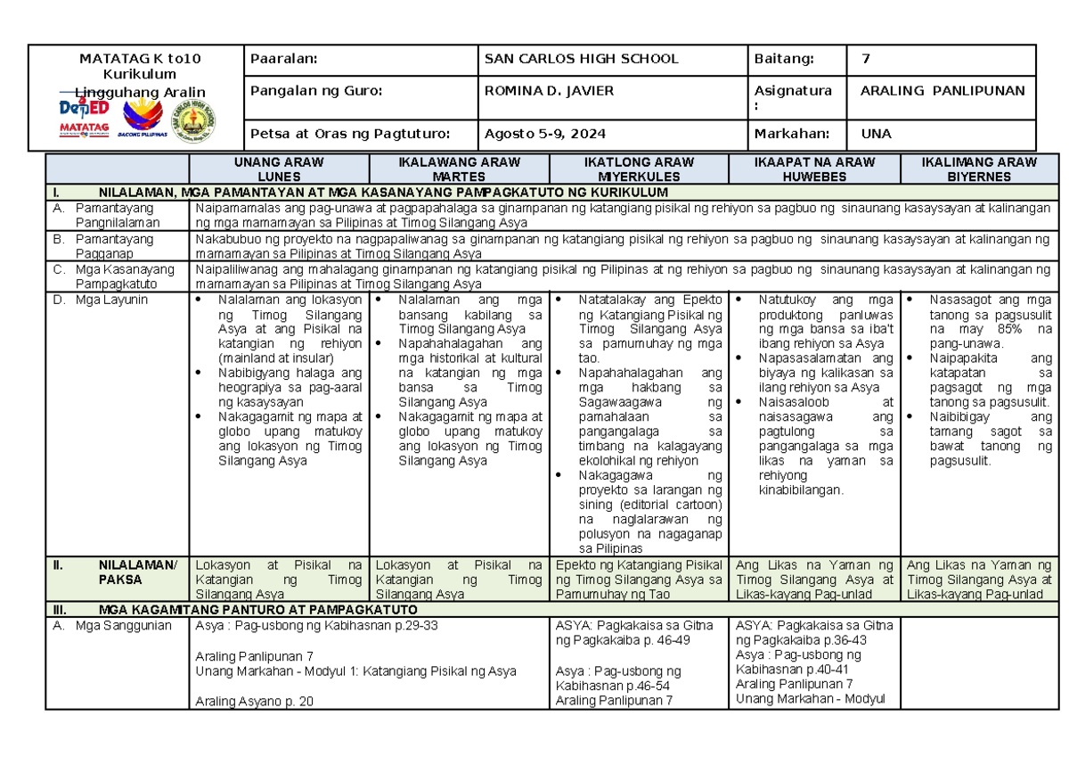 DLL AP 7 Q1 Week1 - daily lesson log in araling panlipunan 7 week 1 matatag curriculum - UNANG ...