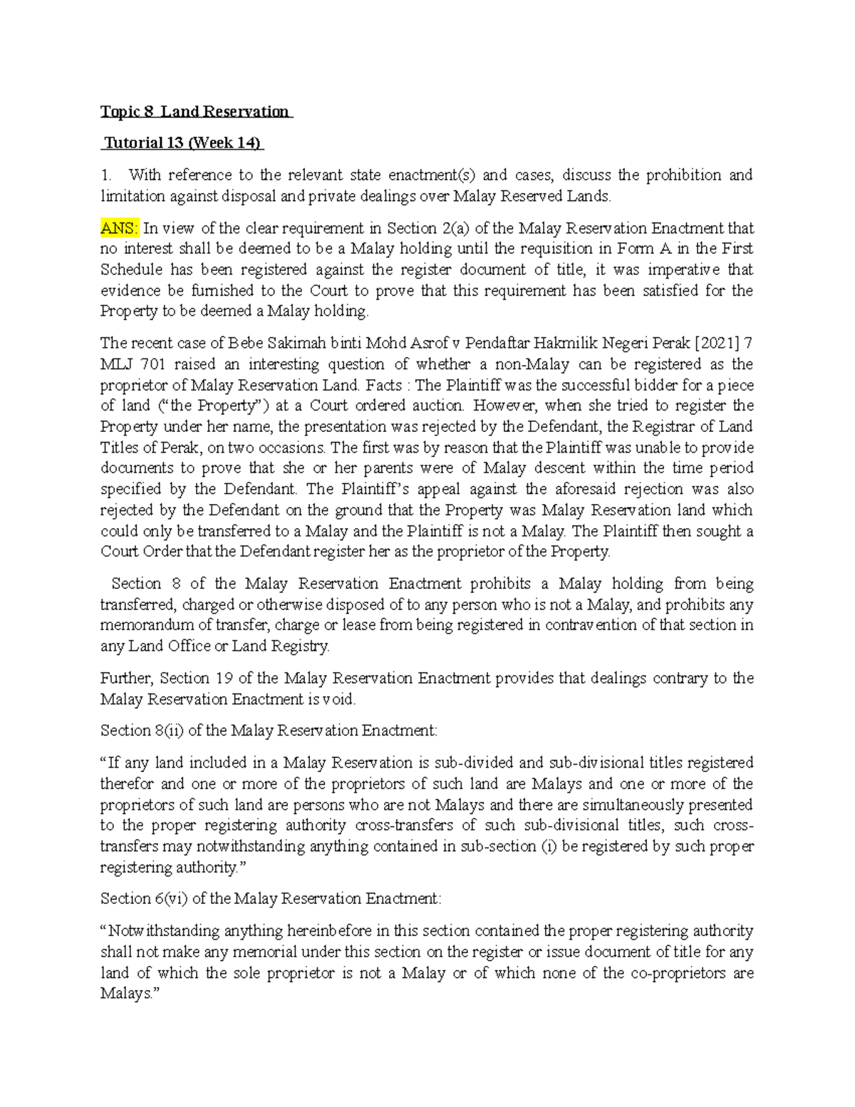 Land tutorial topic 8 - Just for reference - Topic 8 Land Reservation Tutorial 13 (Week 14) With ...