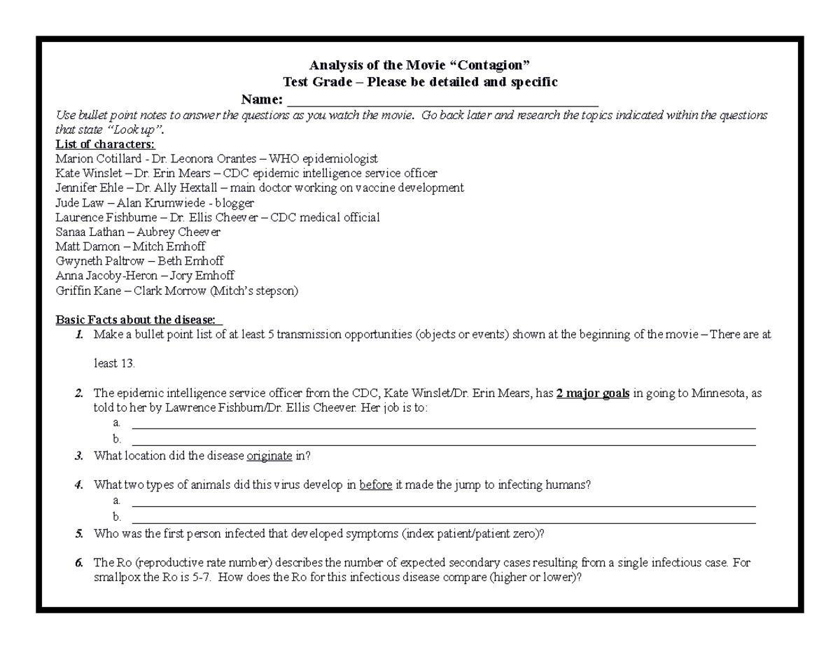 Contagion movie project - Analysis of the Movie “Contagion” Test Grade ...