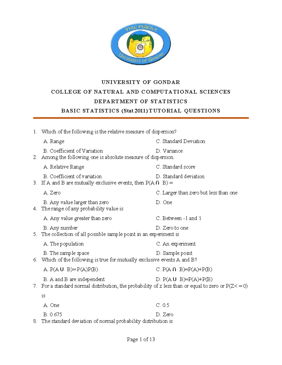 time series analysis questions with answer - UNIVERSITY OF GONDAR ...