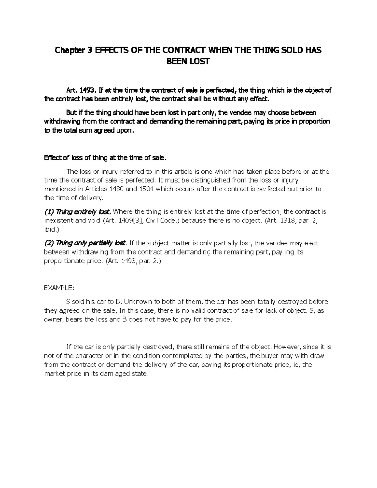 Chapter 3 Effects OF THE Contract WHEN THE Thing SOLD HAS BEEN LOST ...