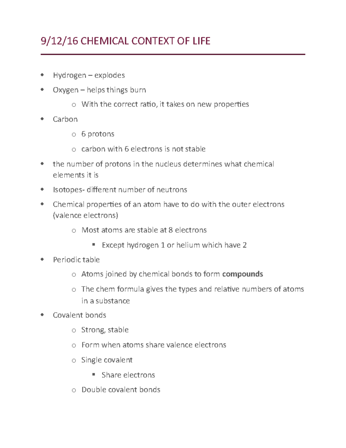 Bio lecture notes chemical properties - CHEMICAL CONTEXT OF LIFE ...