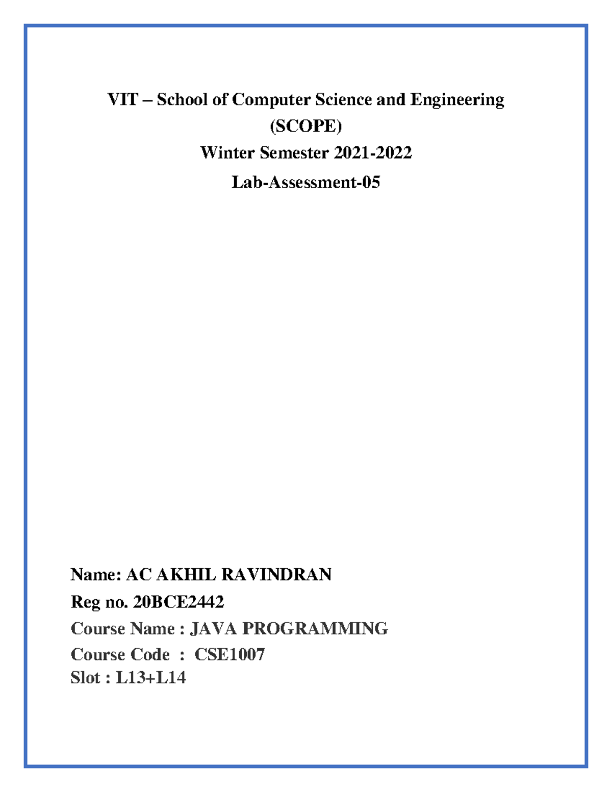 20BCE2442 JAVA LAB DA-5 - VIT – School of Computer Science and Engineering (SCOPE) Winter ...