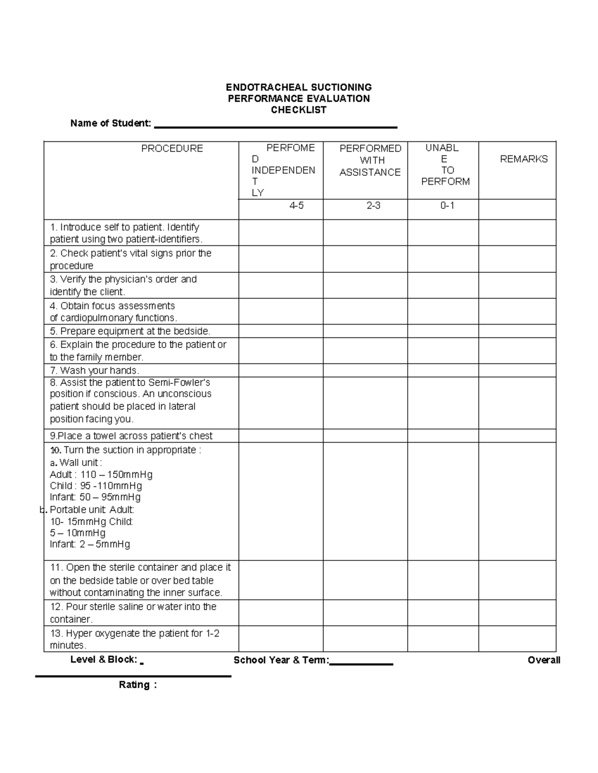 Endotracheal-suctioning-checklist - ENDOTRACHEAL SUCTIONING PERFORMANCE ...