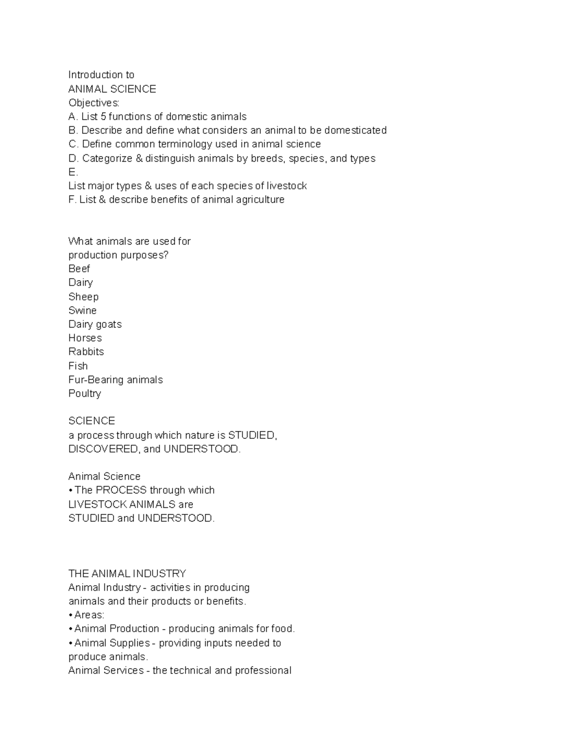 Animal Science Notes Introduction To ANIMAL SCIENCE Objectives A
