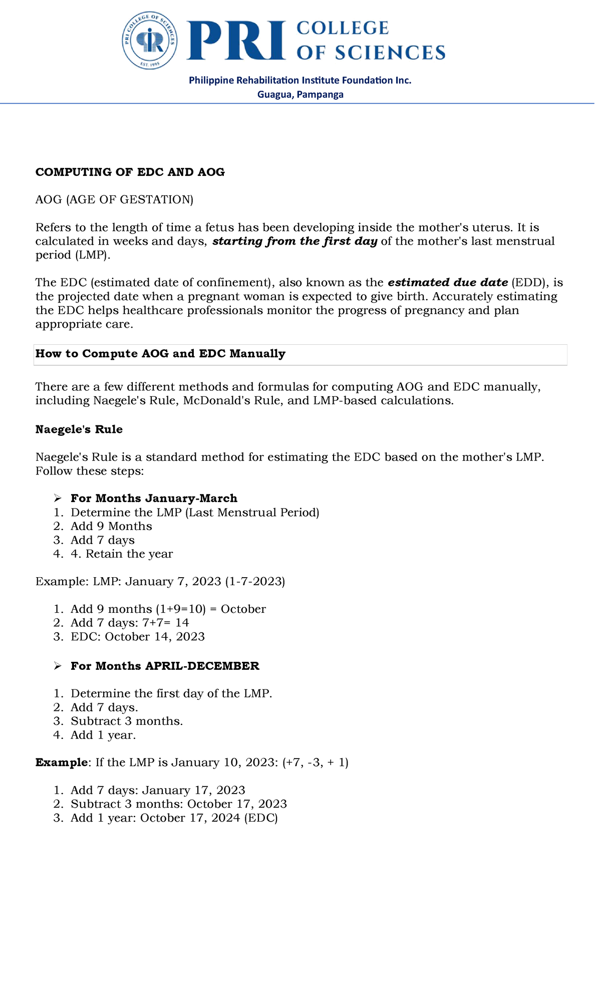 Computing OF EDC AND AOG - Philippine Rehabilitation Institute Foundation Inc. Guagua, Pampanga ...