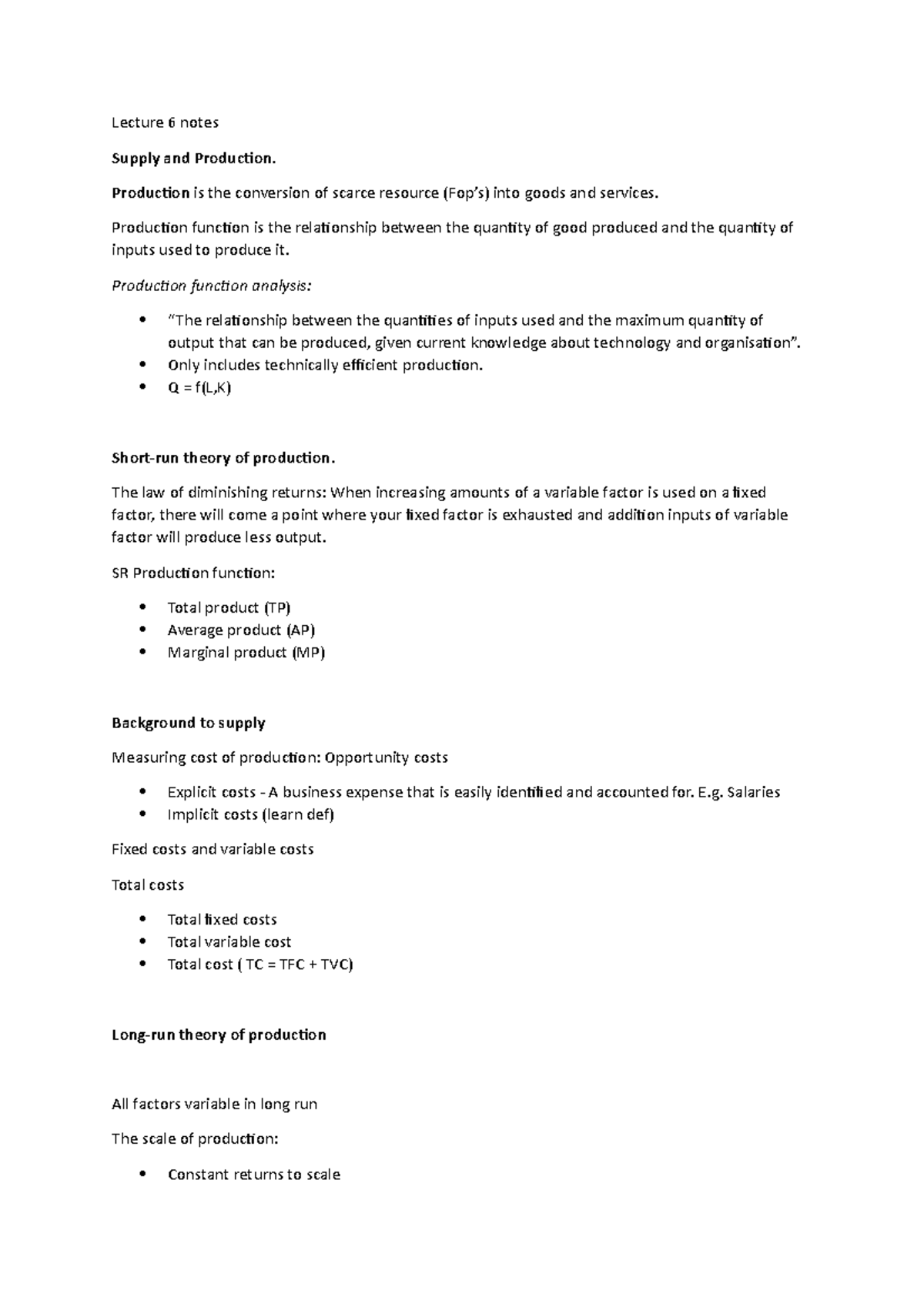 Supply and production notes - Lecture 6 notes Supply and Production ...