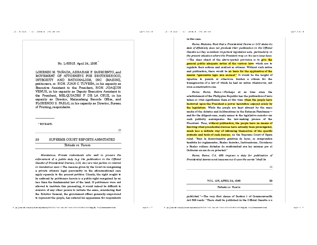 Tañada v. Tuvera - Supreme Court Reports Annotated (SCRA) - - Studocu