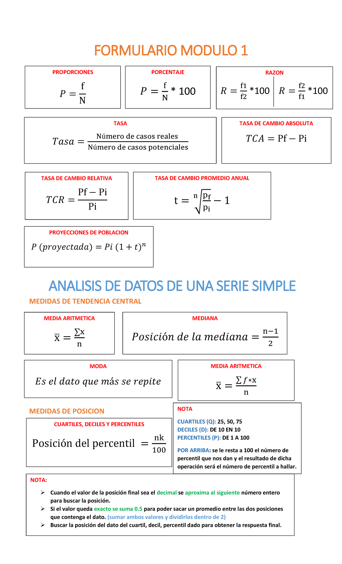 Biosta formulario 2022 - FORMULARIO MODULO 1 PROPORCIONES 𝑃 = f N PORCENTAJE 𝑃 = f N 100 RAZON 𝑅 ...