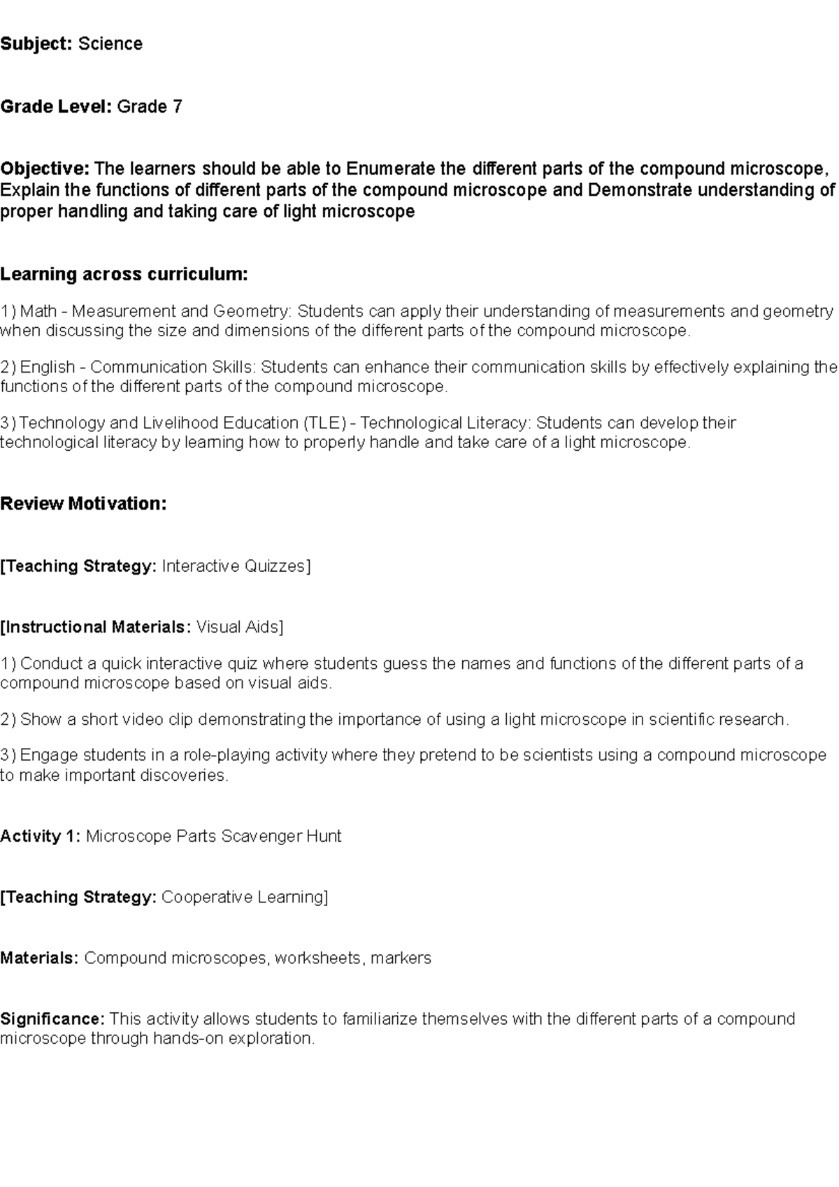 Lesson plan - Subject: Science Grade Level: Grade 7 Objective: The ...