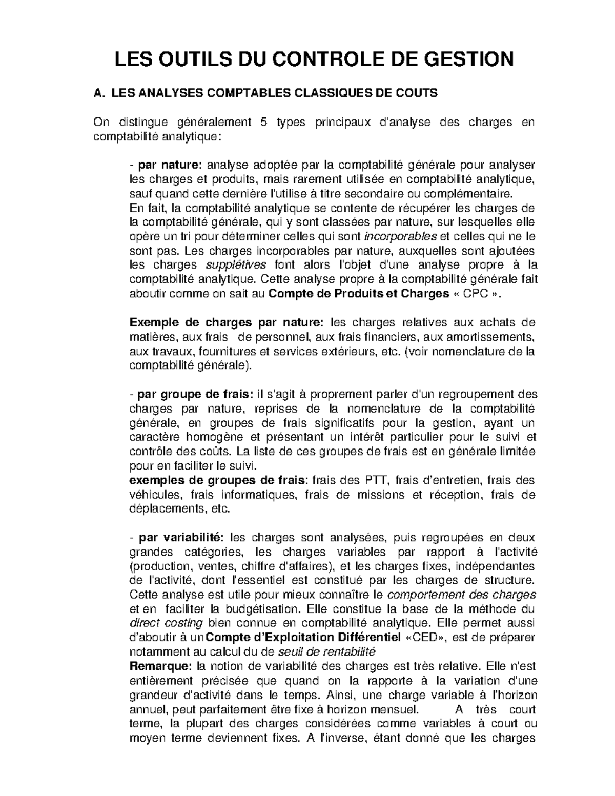 Support M Bendriouch Les Outils Du Controle De Gestion A Les