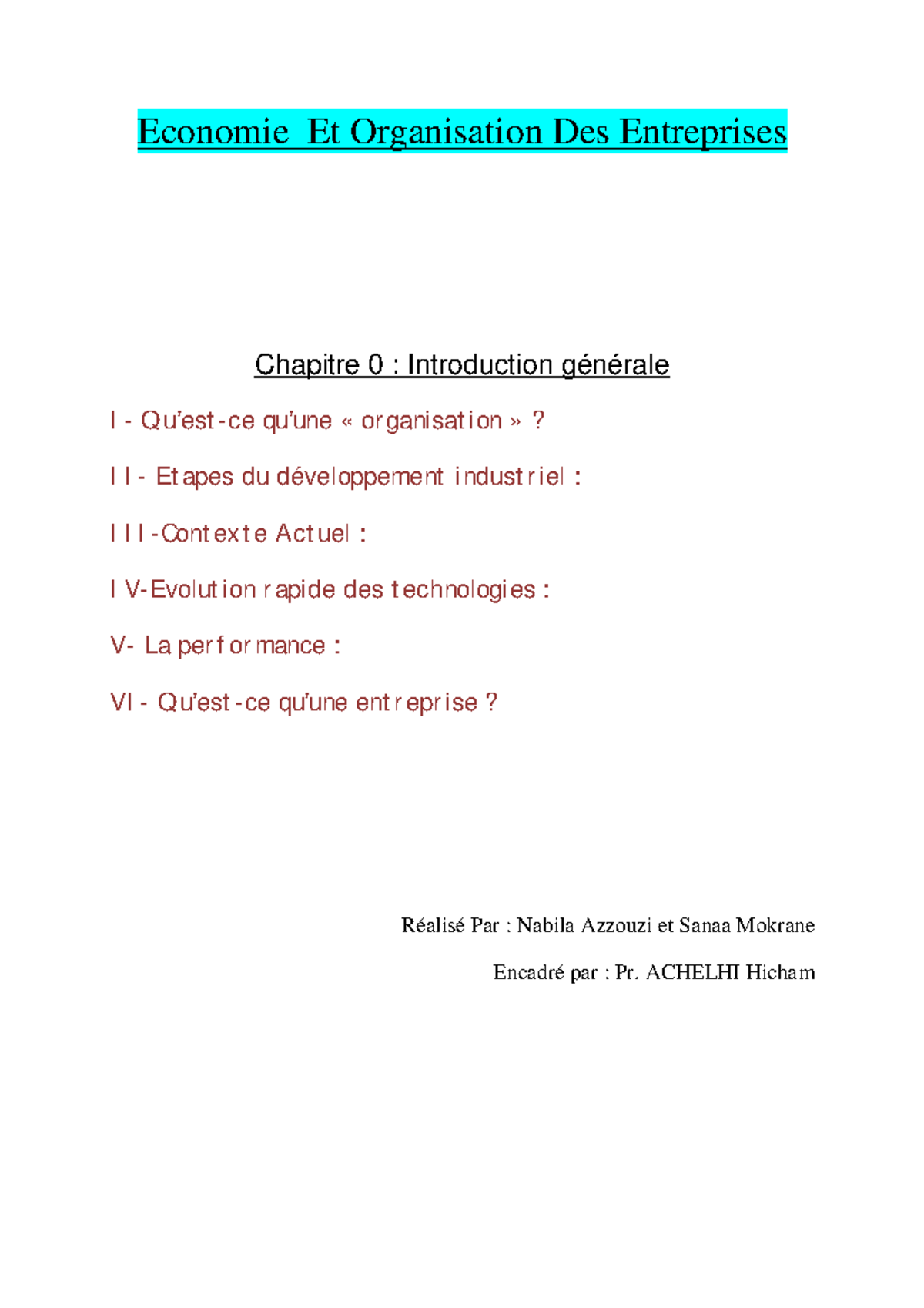 Eoe chap0 travail etudiant - Economie Et Organisation Des Entreprises Chapitre 0 : Introduction ...
