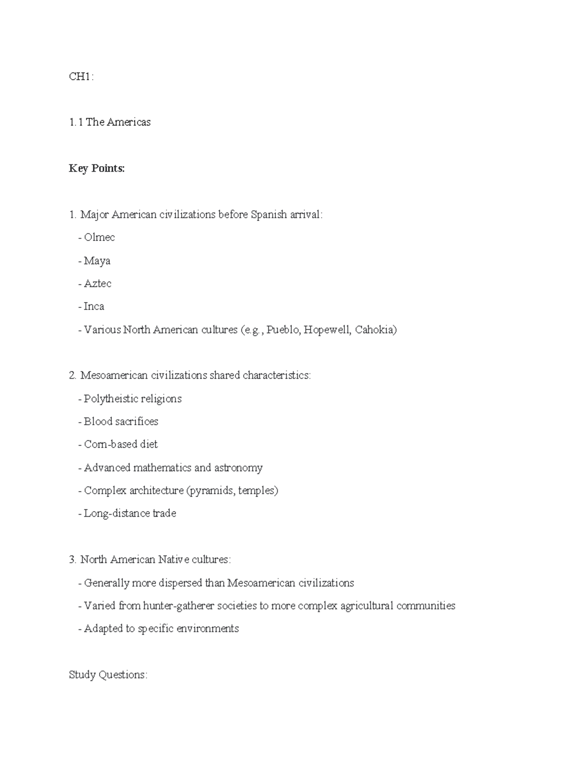 HIST 2111 Exam 1 Study Guide - CH1: 1 The Americas Key Points: Major ...