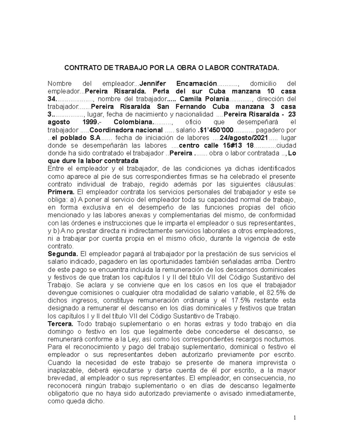 Contrato POR OBRA O Labor - CONTRATO DE TRABAJO POR LA OBRA O LABOR CONTRATADA. Nombre del - Studocu