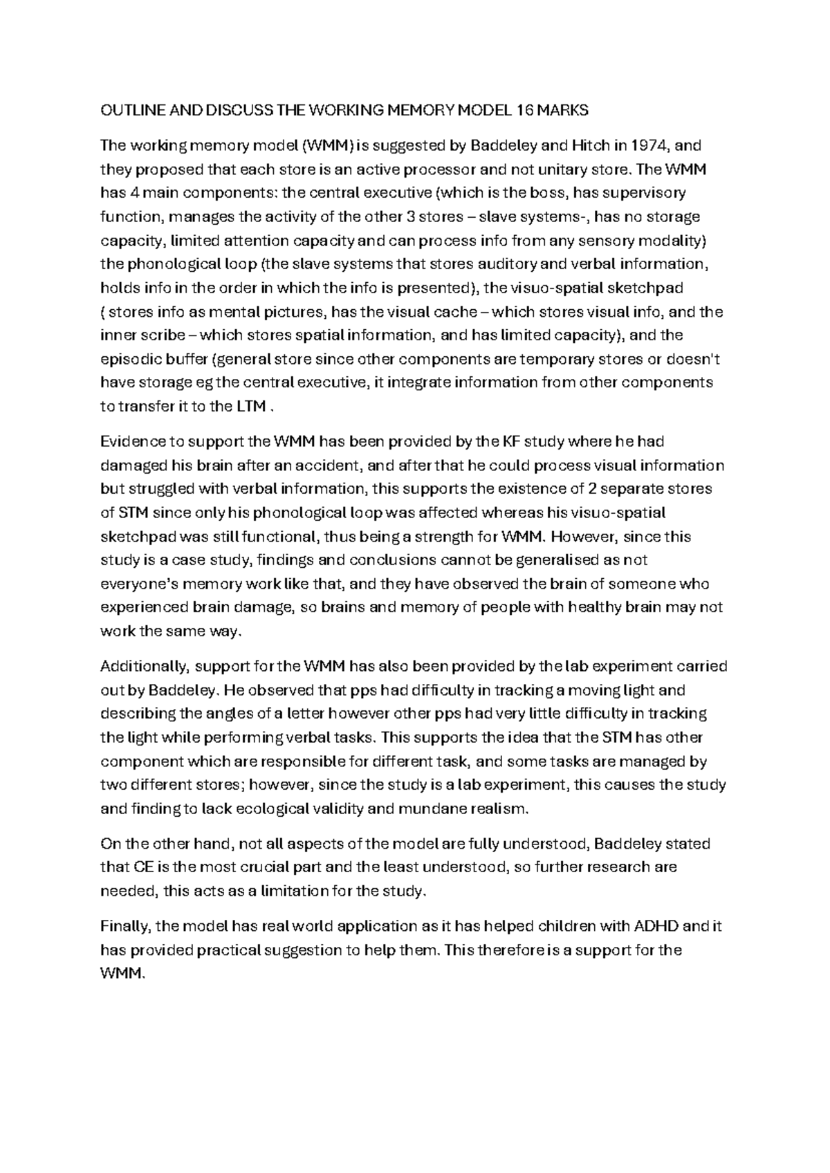 The WMM 16 marker - OUTLINE AND DISCUSS THE WORKING MEMORY MODEL 16 ...