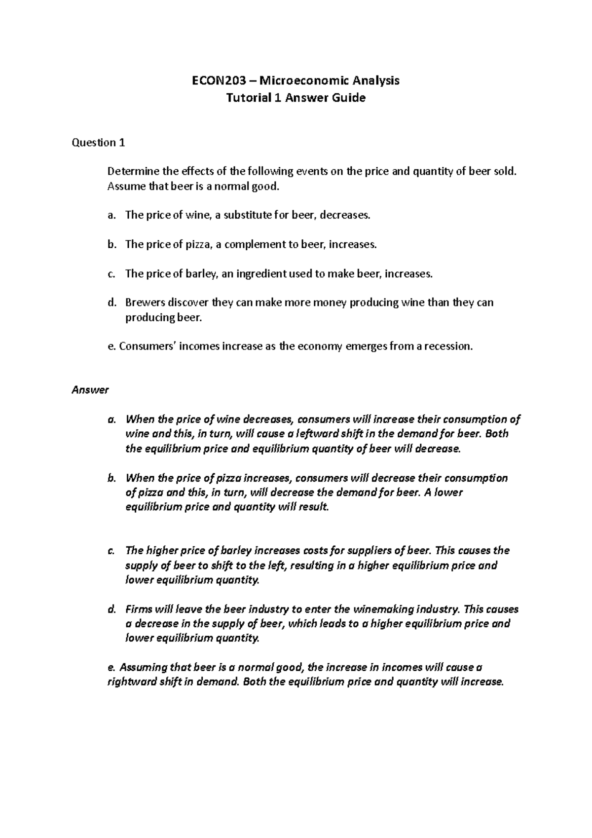 Tutorial Answers - ECON203 – Microeconomic Analysis Tutorial 1 Answer ...