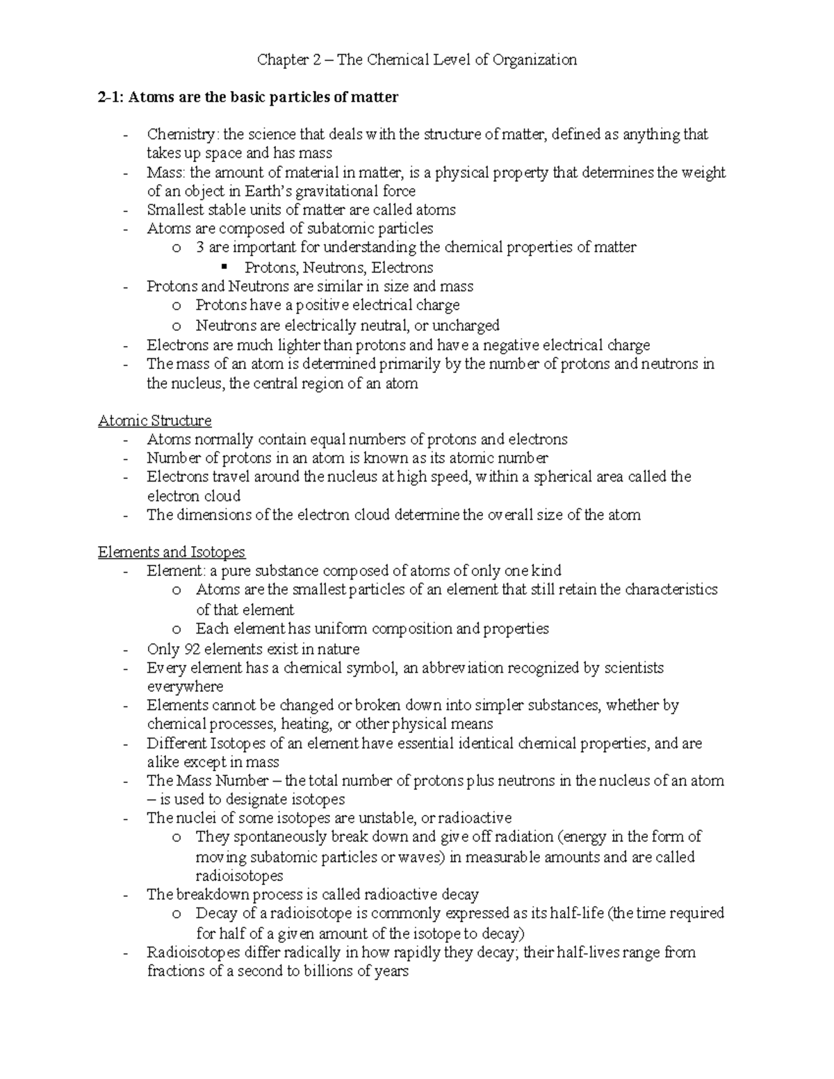 Chapter 2 Textbook Notes - Chapter 2 – The Chemical Level of ...