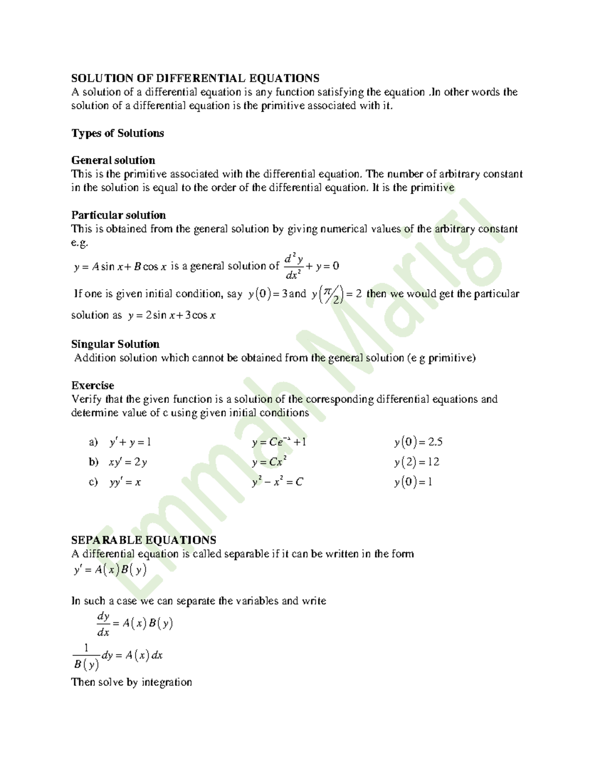 Lecture 2 - SOLUTION OF DIFFERENTIAL EQUATIONS A solution of a ...