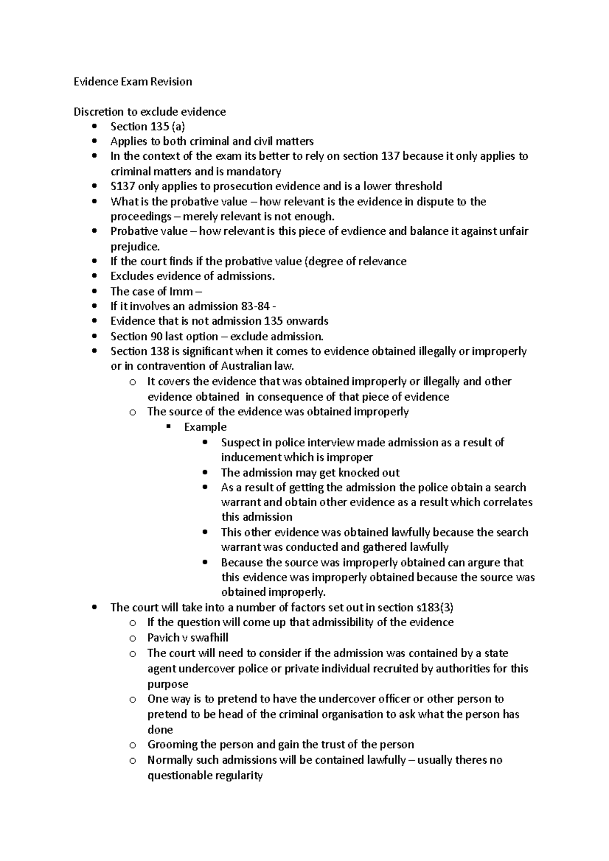 Evidence Exam Revision - Evidence Exam Revision Discretion to exclude ...