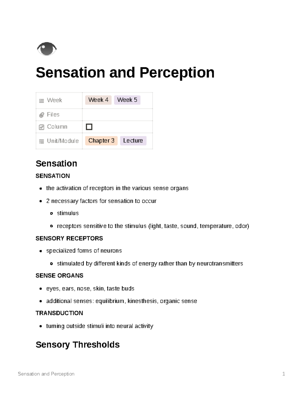 Sensation and Perception - . Sensation and Perception Week Week 4 Week ...
