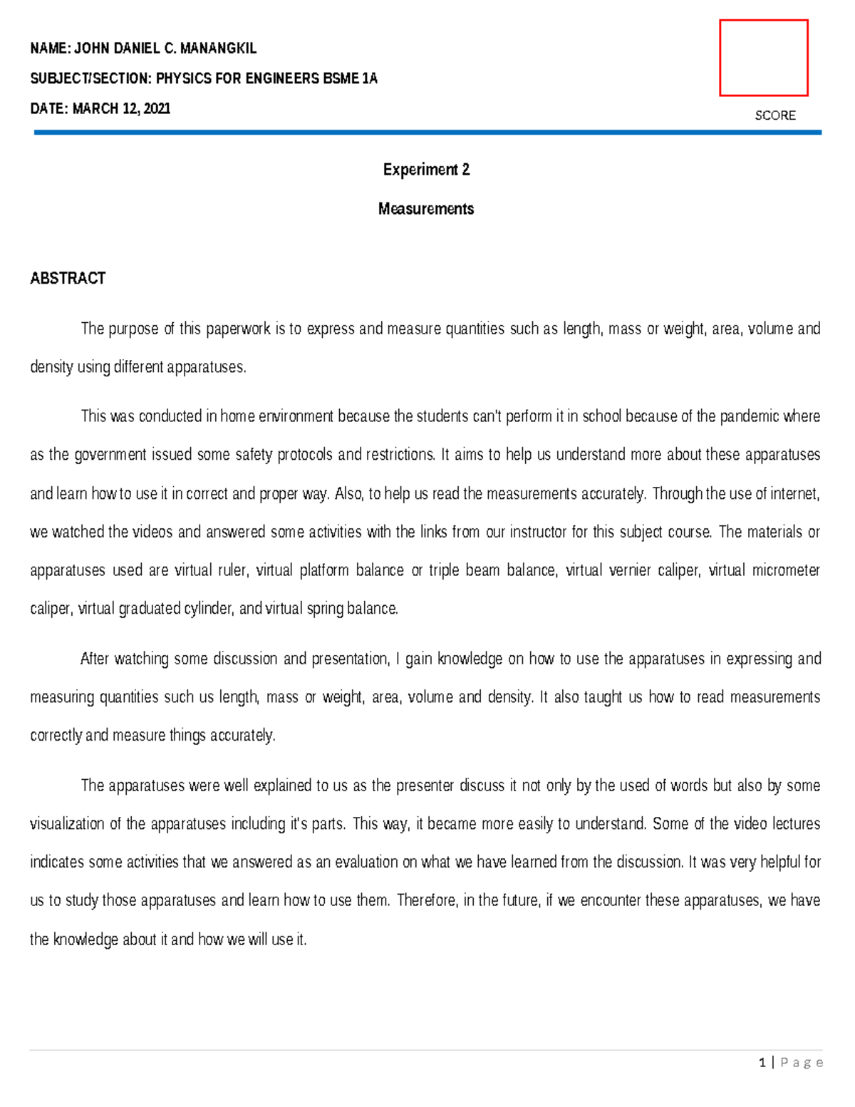 PHY1 ME1A Laboratory Report 2 Manangkil, John Daniel - Physics For ...