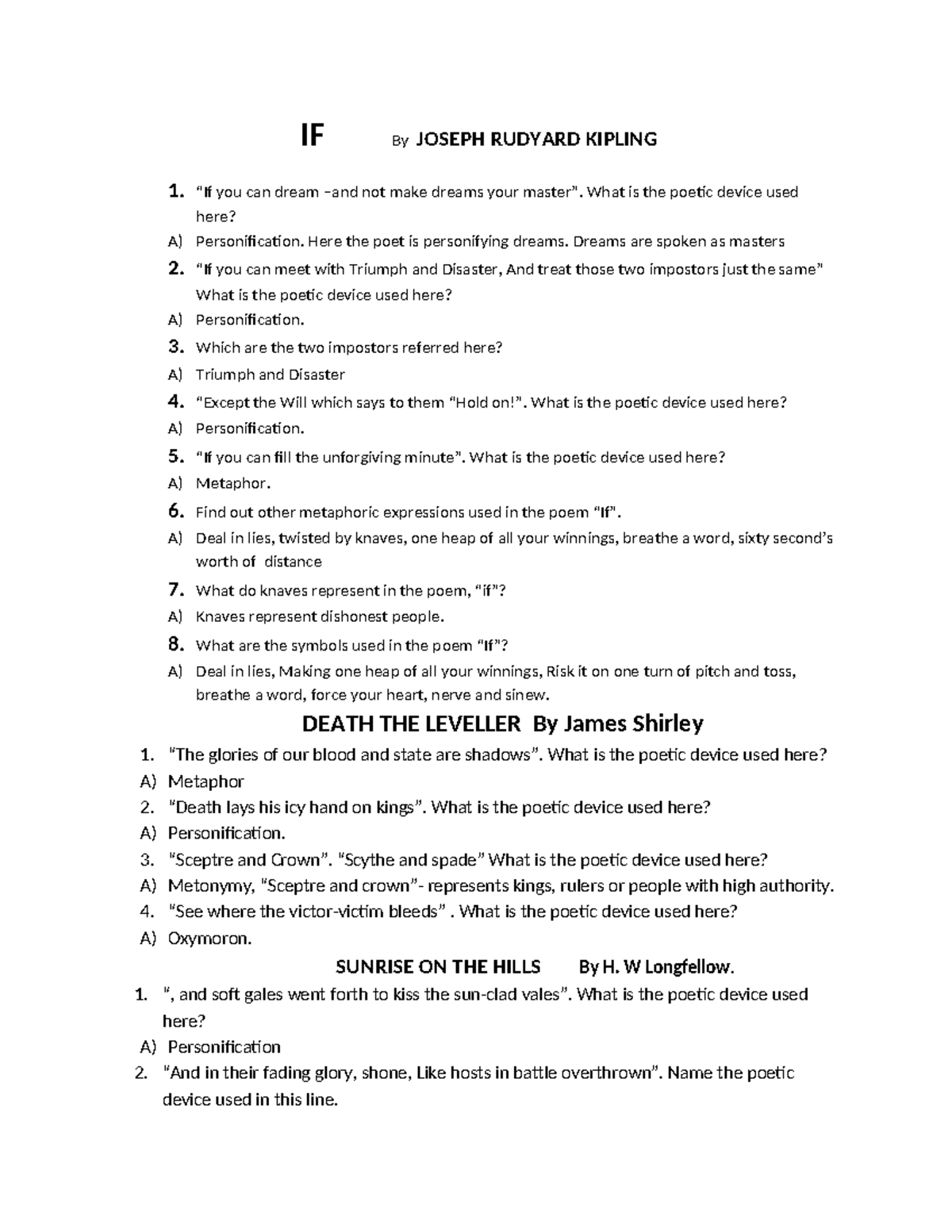 +1 Poetic Devices Questions of all poems - IF By JOSEPH RUDYARD KIPLING ...