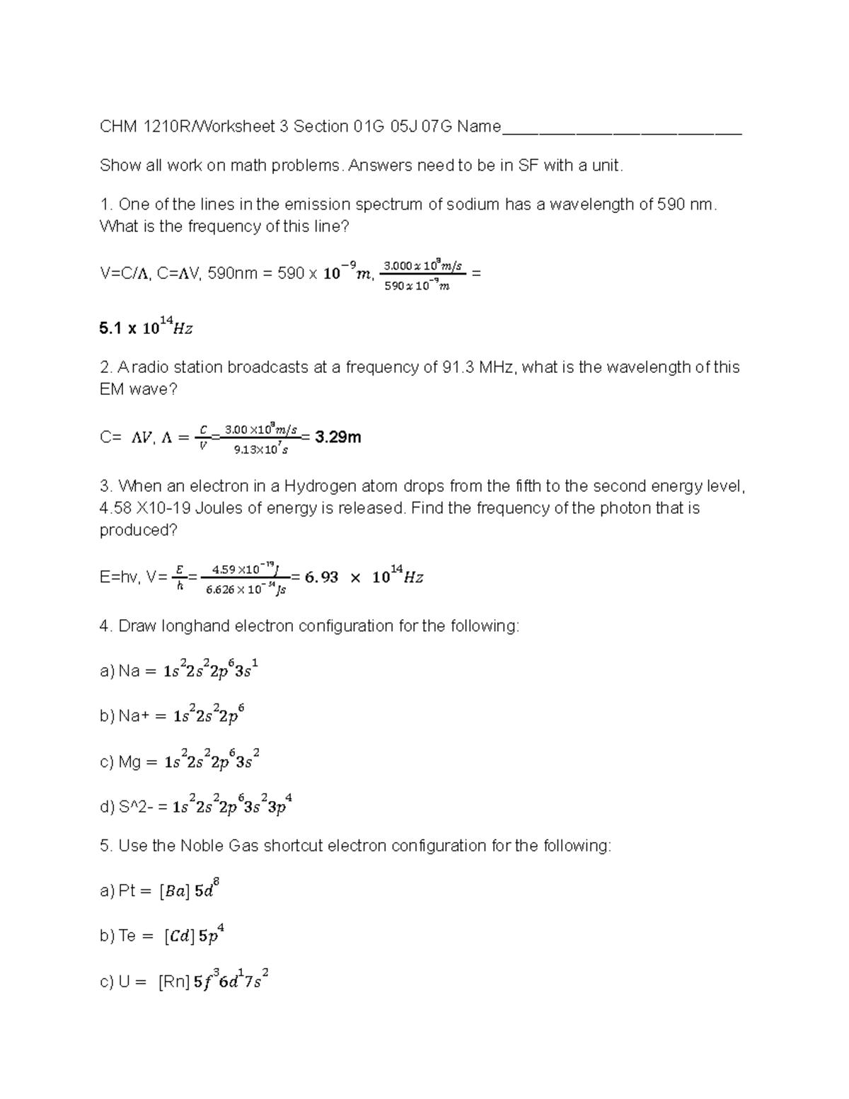 CHM 121 0R Worksheet 3 Kyren Haywood - CHM 1210R/Worksheet 3 Section ...